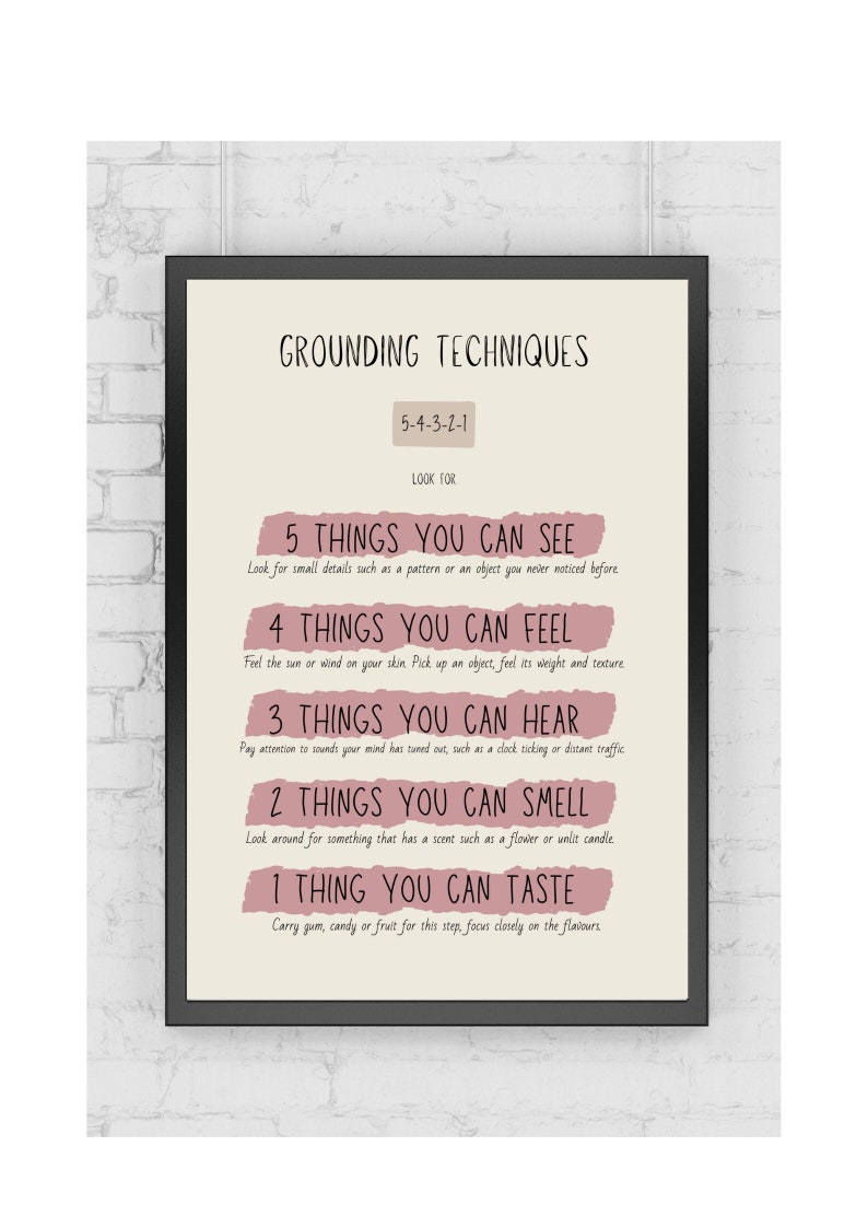 Grounding Techniques 5-4-3-2-1 Print, Anxiety Poster, Therapist Office ...