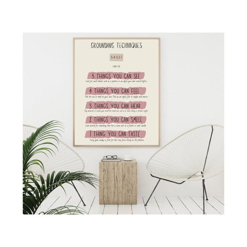 Grounding Techniques 5-4-3-2-1 Print, Anxiety Poster, Therapist Office ...