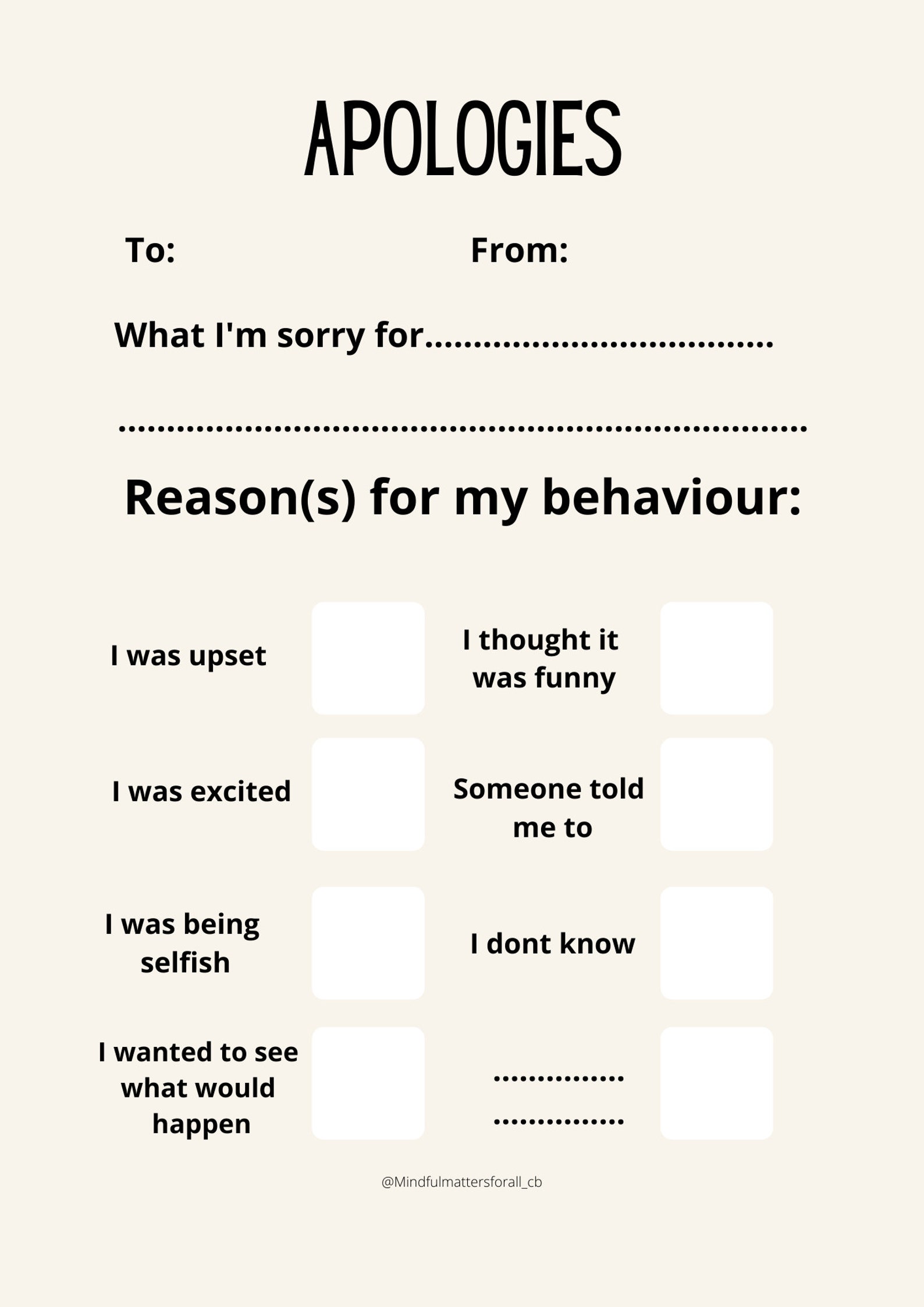 Apology Worksheet and Checklist. Use as a Behaviour Tracker or - Etsy
