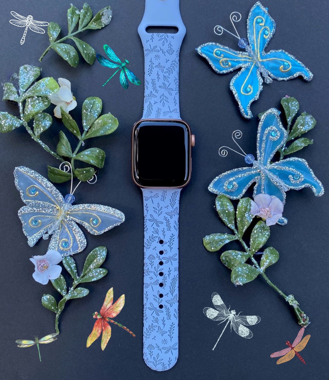 Dragonfly and Butterflies Watch Band 38mm 40mm 41mm 42mm 44mm 45mm S/M ...