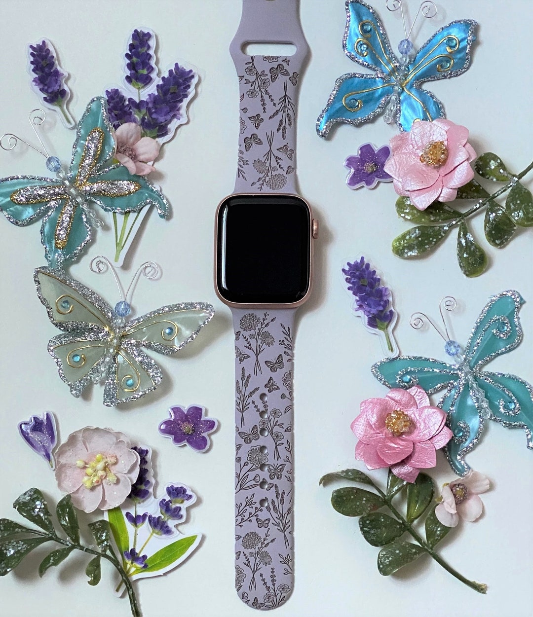 Wildflower and Butterflies Watch Band 38mm 40mm 41mm 42mm 44mm 45mm S/M ...