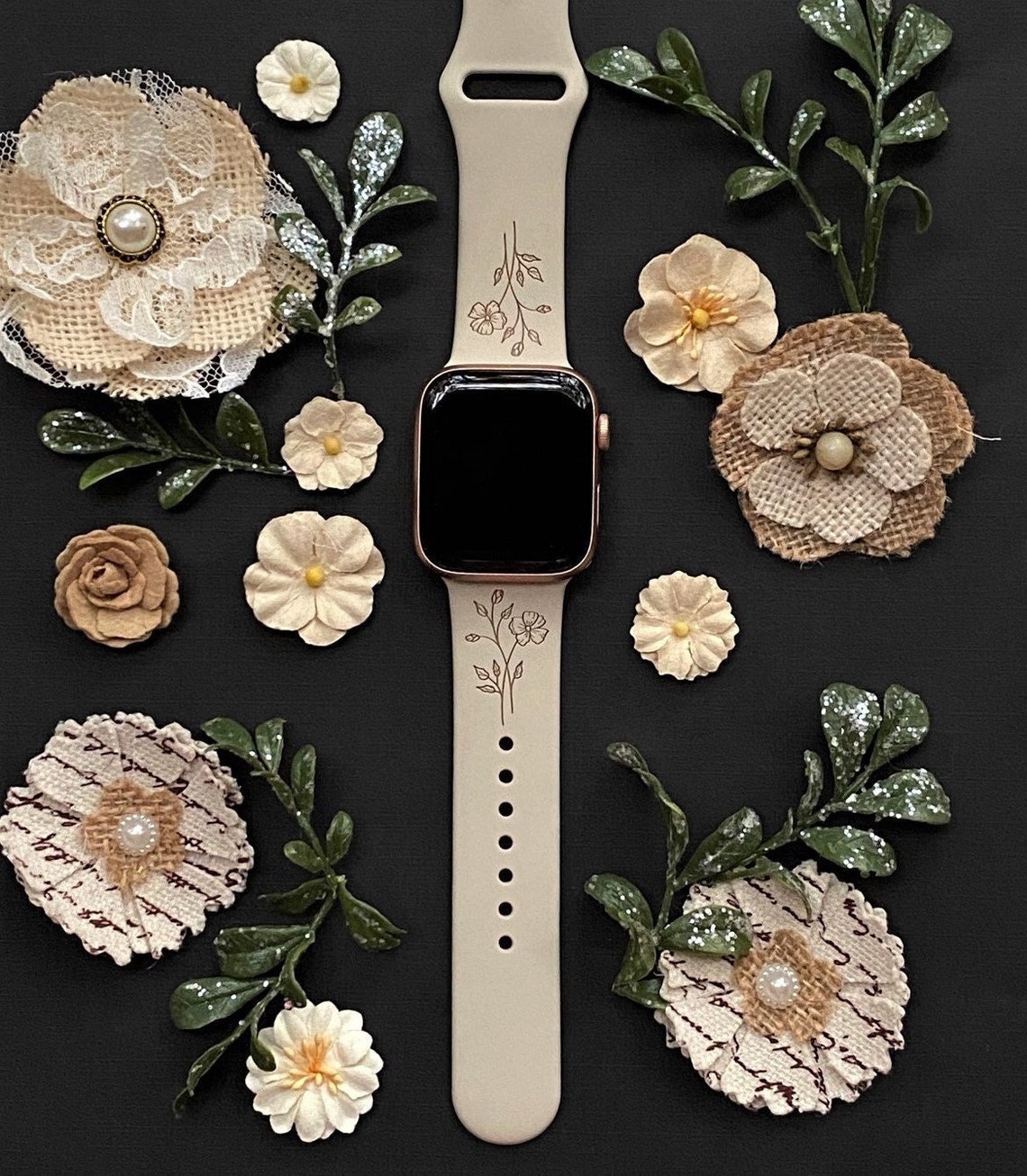 Beige Flower Watch Band 38mm 40mm 41mm 42mm 44mm 45mm S/M M/L - Etsy