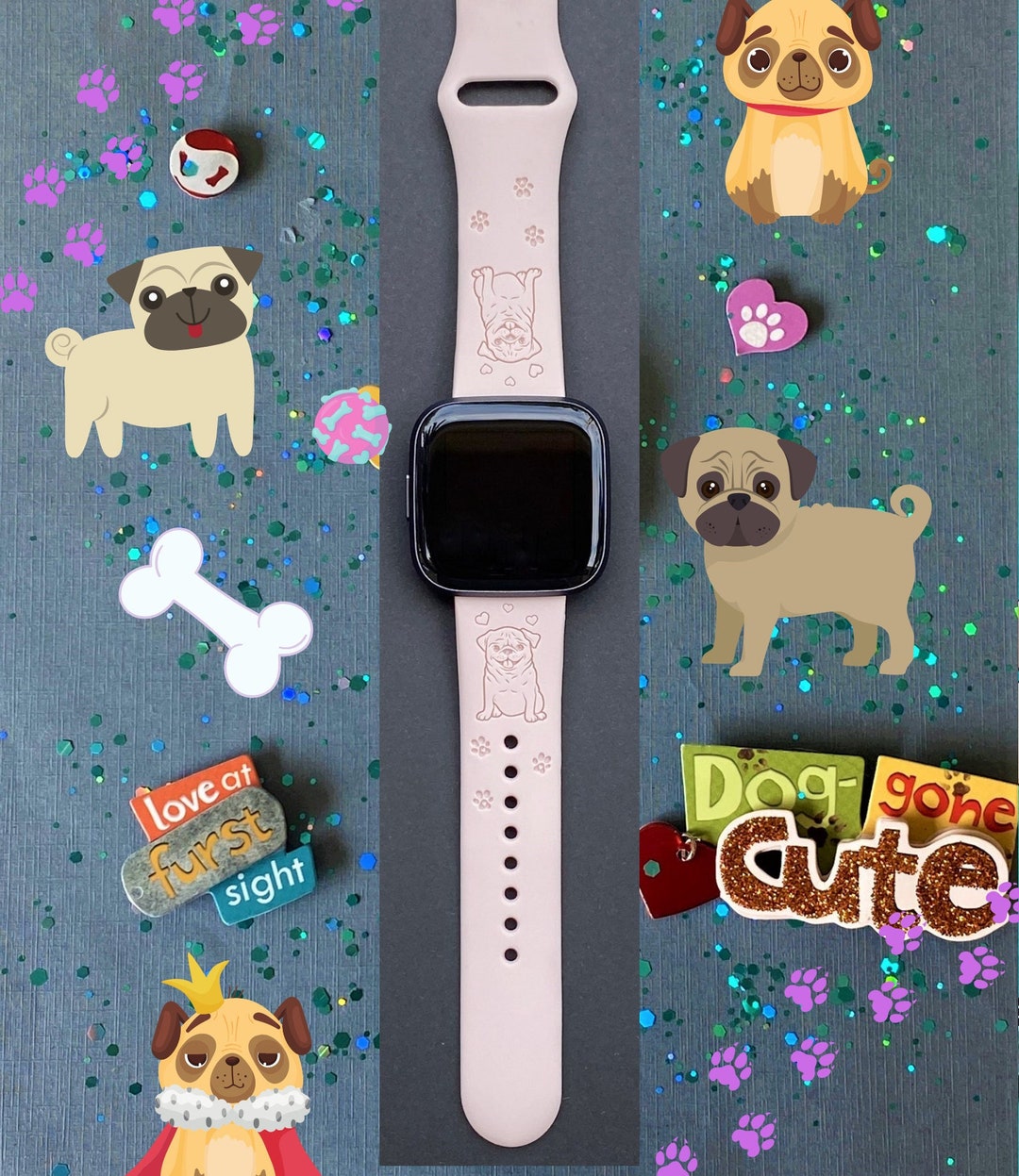 Pug Dog Fitbit Versa 1/versa 2/versa Lite S/L Silicone Engraved Cute ...