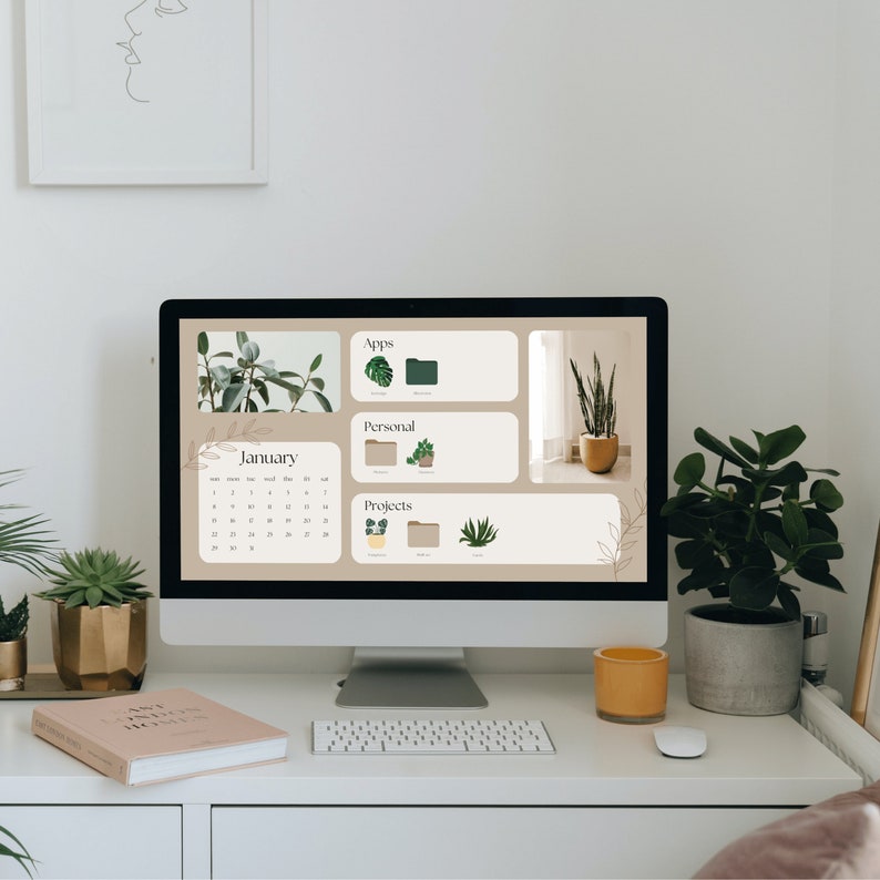 Plant Themed Desktop Wallpaper Organizer 2023 | Green | Aesthetic ...