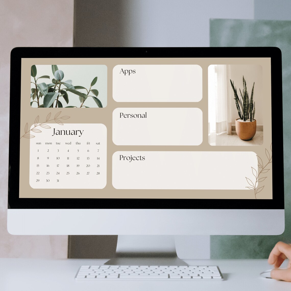 Plant Themed Desktop Wallpaper Organizer 2023 Green Aesthetic Calender ...