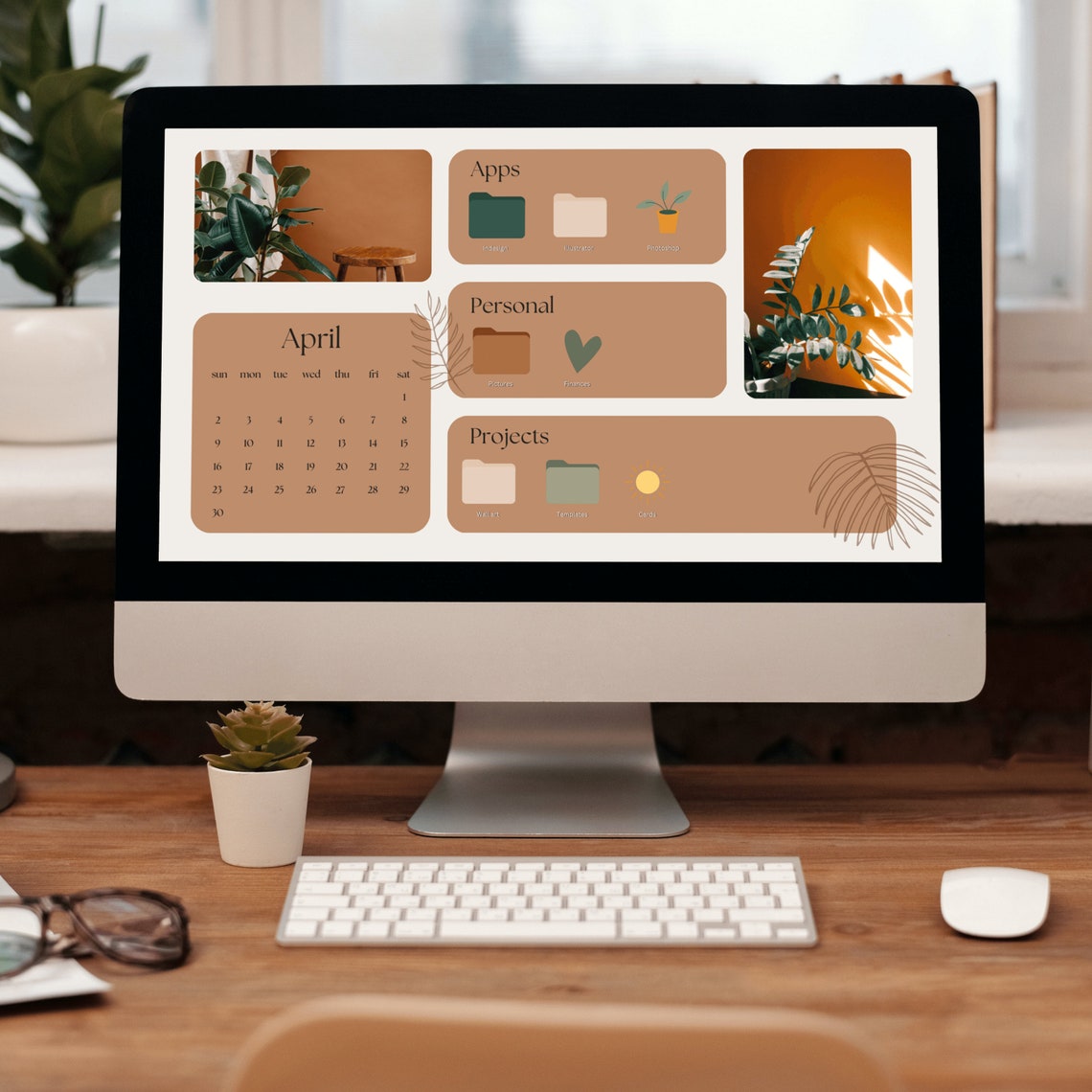 Plant Themed Desktop Wallpaper Organizer 2023 Green Aesthetic Calender ...