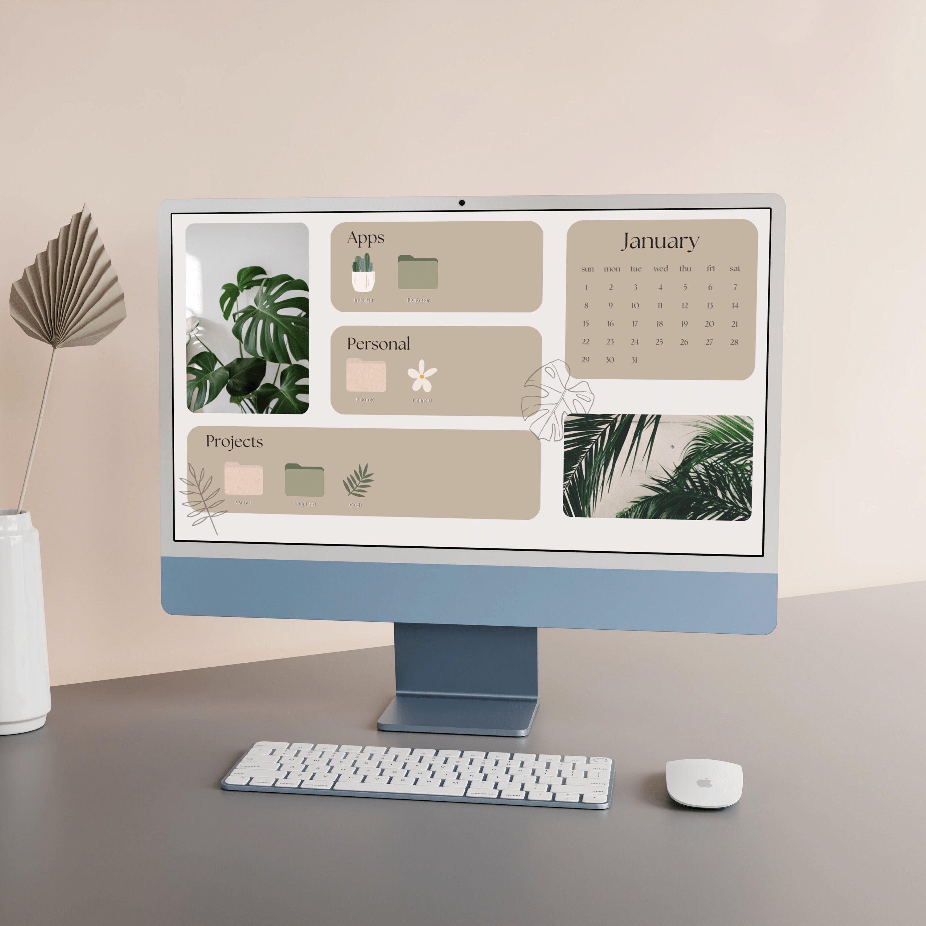 Plant Themed Desktop Wallpaper Organizer 2023 Green Aesthetic Calender ...