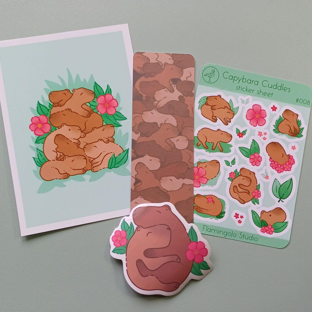 Capybara Cuddles Print Sticker Bookmark Bundle - Glossy Vinyls and ...