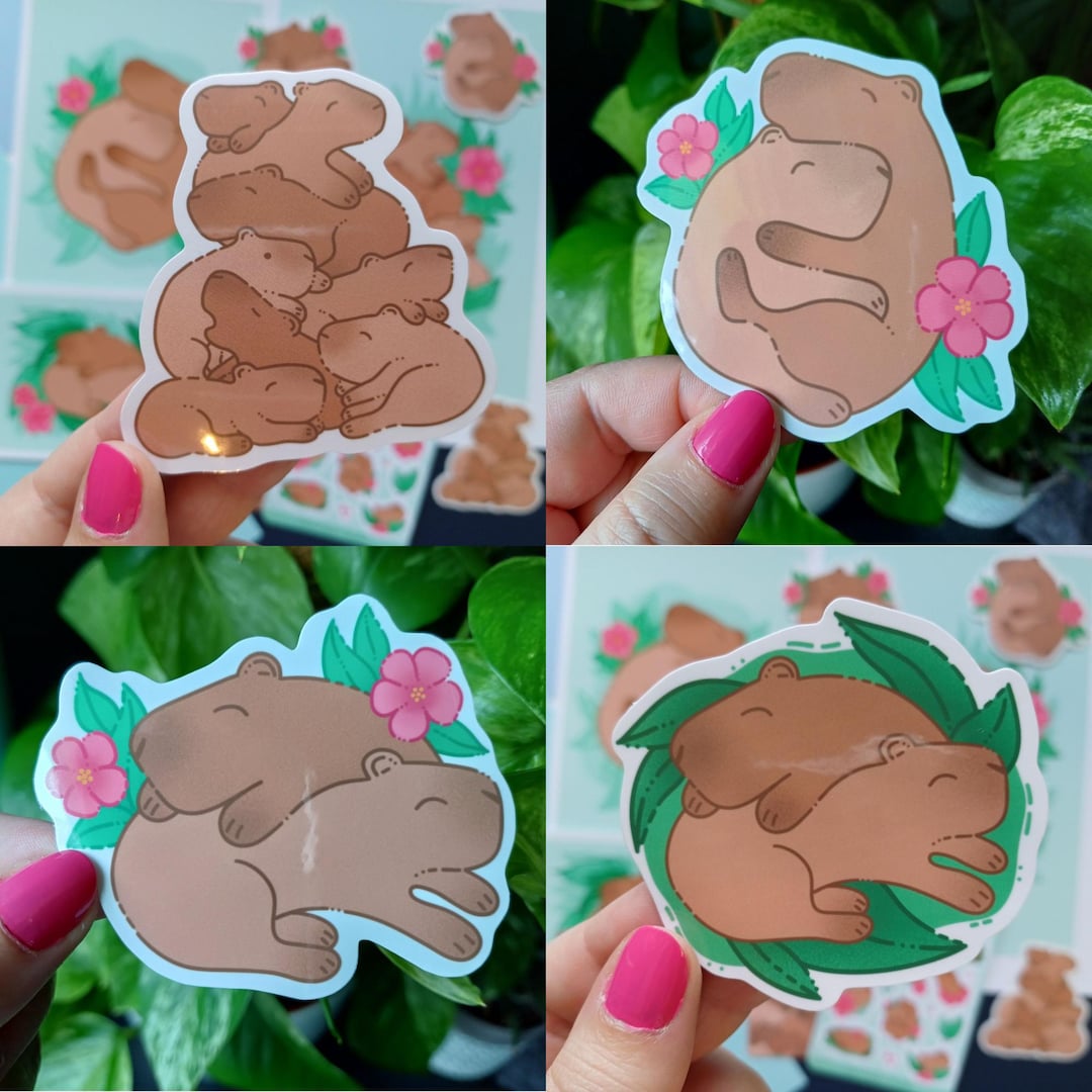 Capybara Cuddles Vinyl Glossy Sticker Set of 4 - Capy Pile, Flowers ...