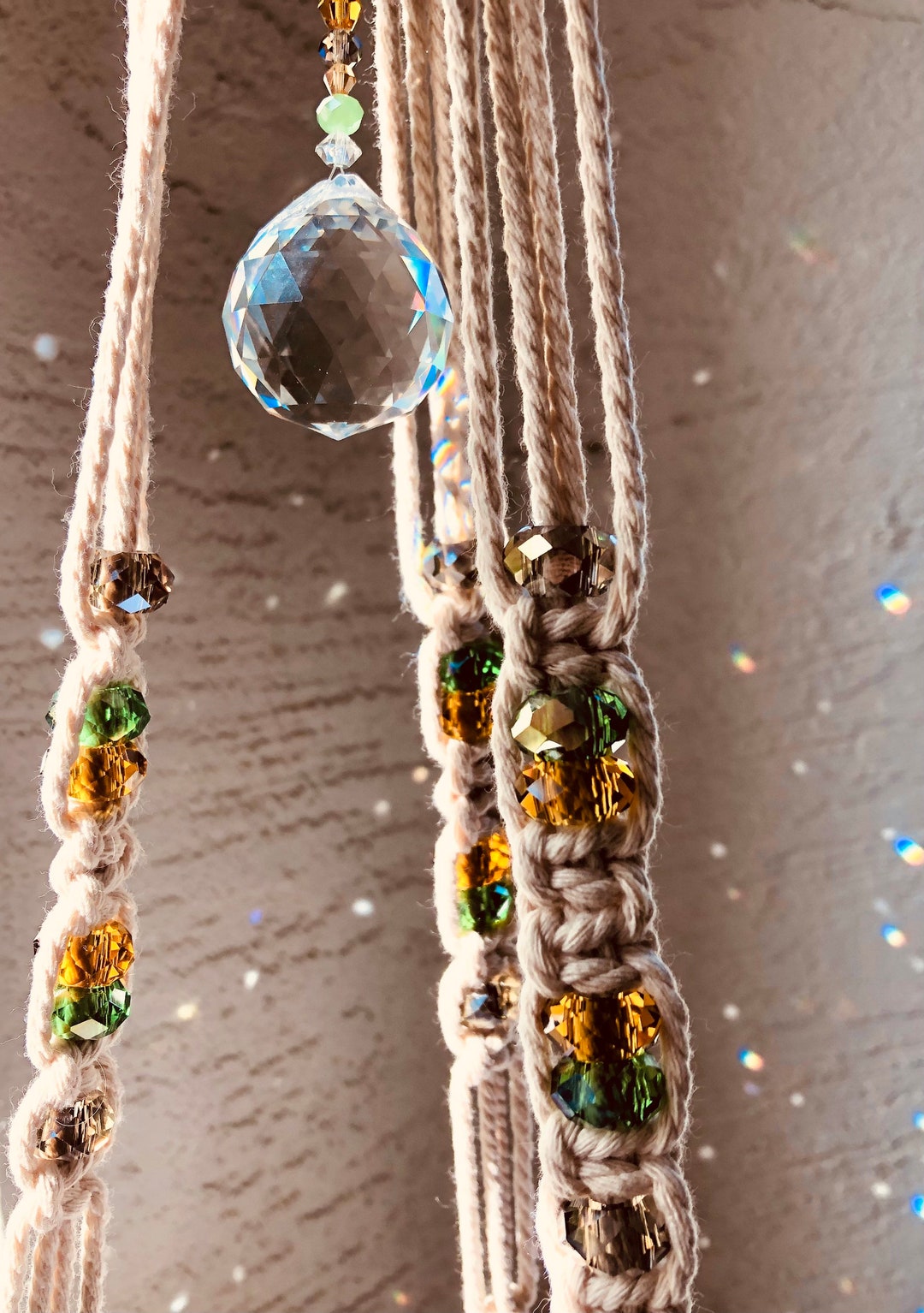 Earth Tone Crystal Macrame Plant Hanger With Beading in Amber, Emerald ...