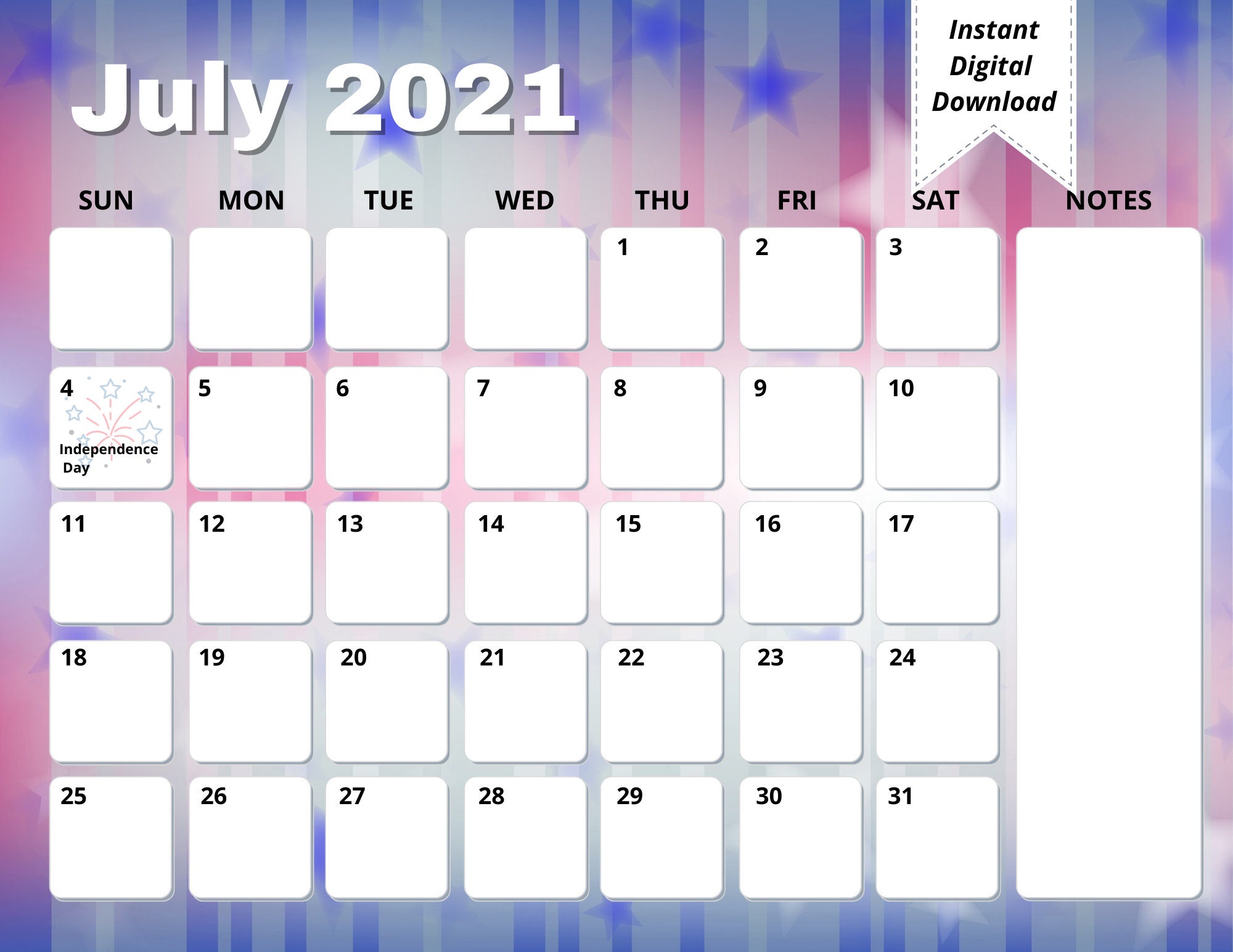 July Printable Calendar | Instant Download | July 2021 Calendar ...