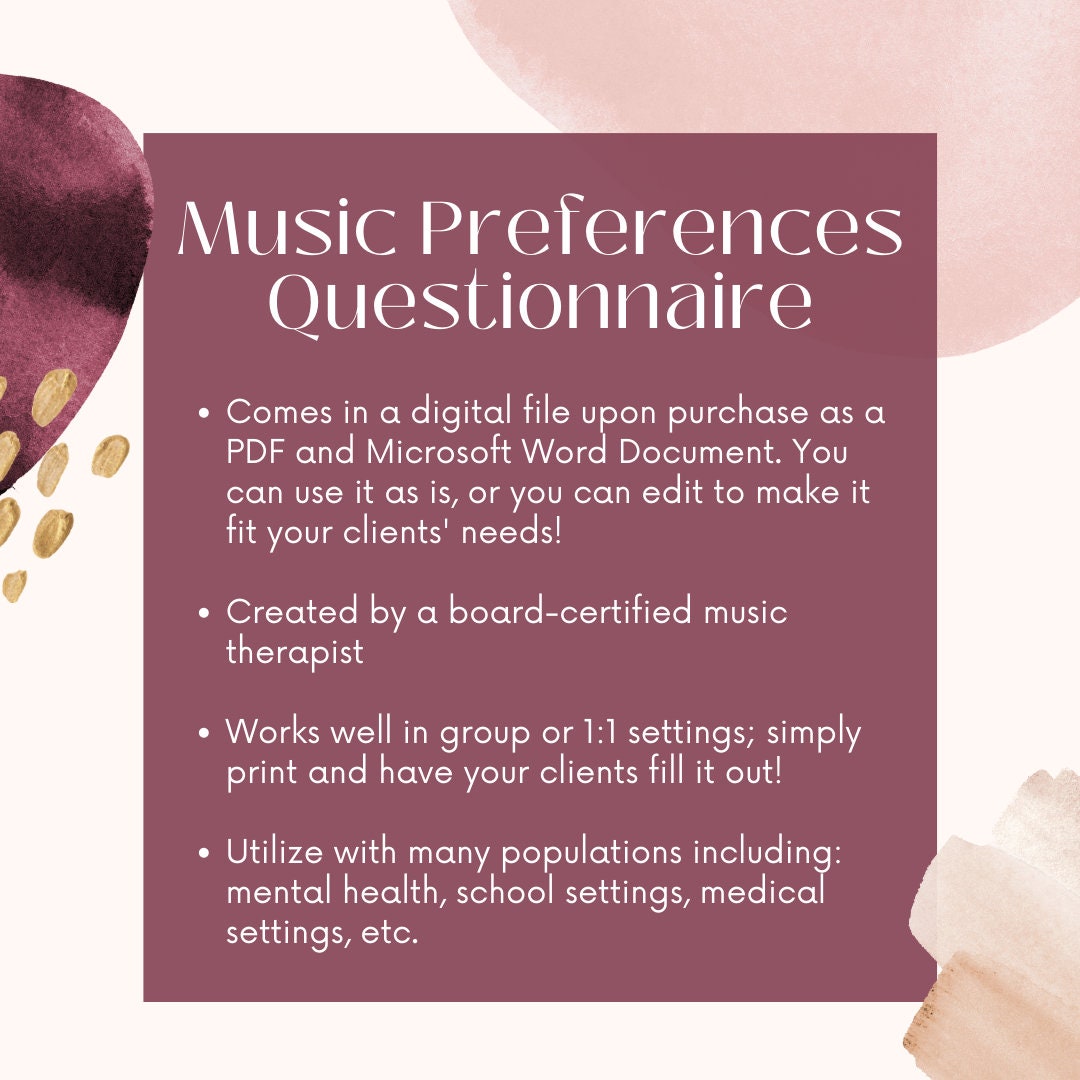 Music Preferences Questionnaire Template for Music Therapists - Etsy
