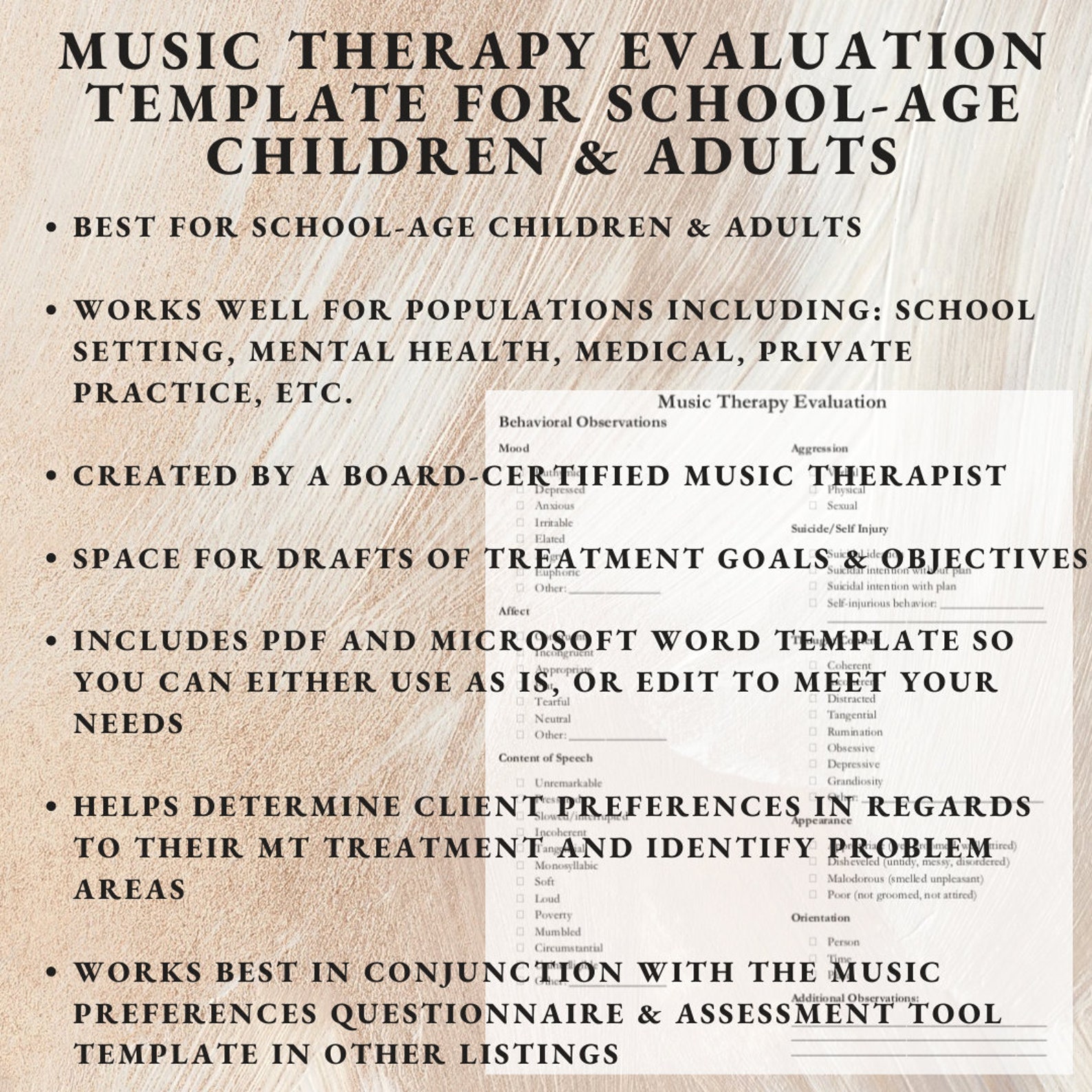 Music Therapy Evaluation Template for School-age Children and Adults - Etsy
