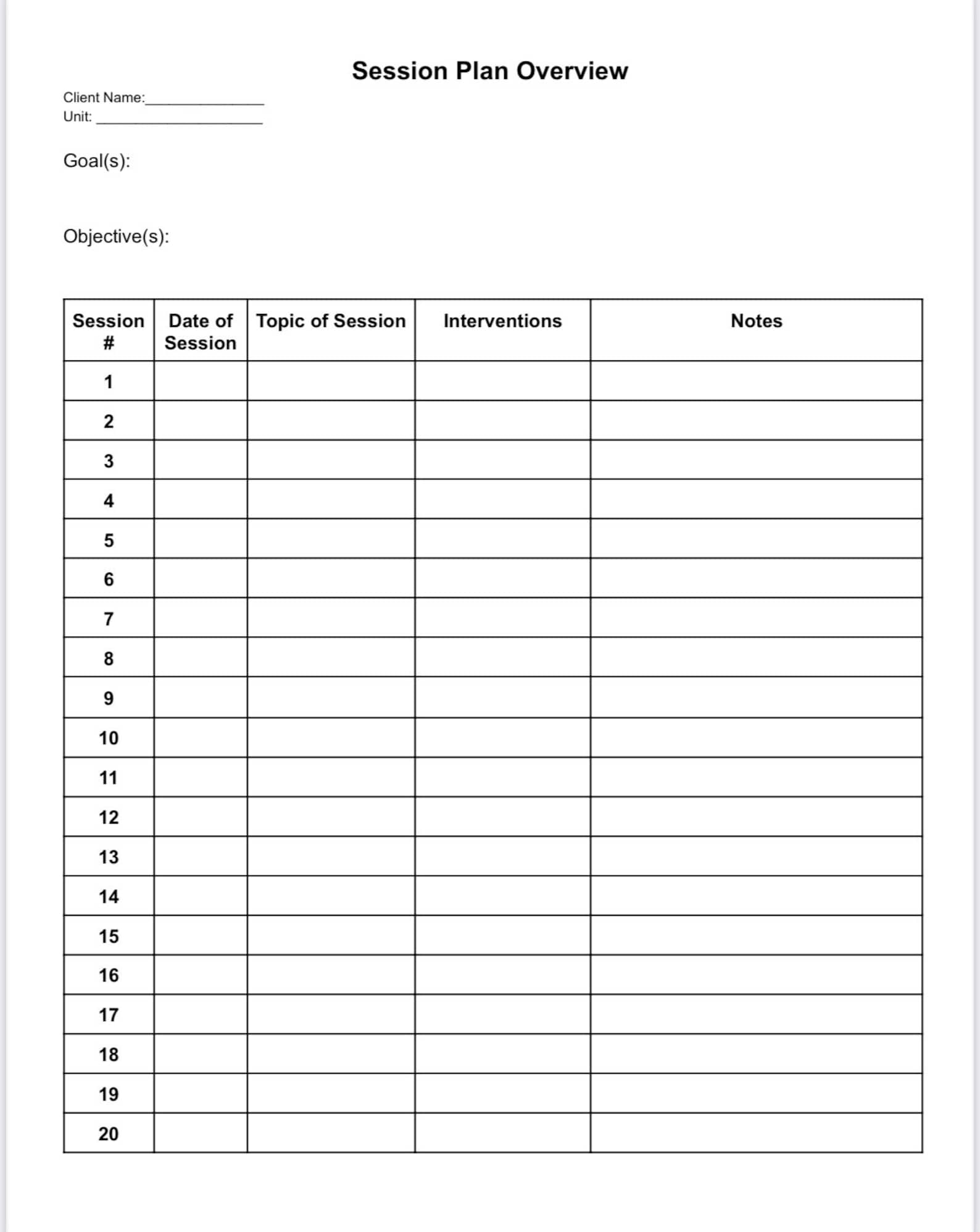 Session Plan, Session Plan Overview, and Post-session Documentation ...
