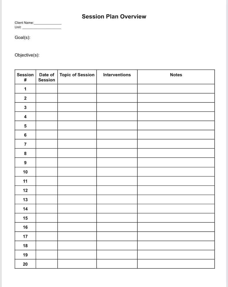 Session Plan, Session Plan Overview, and Post-session Documentation ...