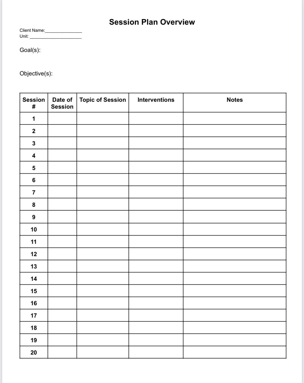Session Plan, Session Plan Overview, and Post-session Documentation ...