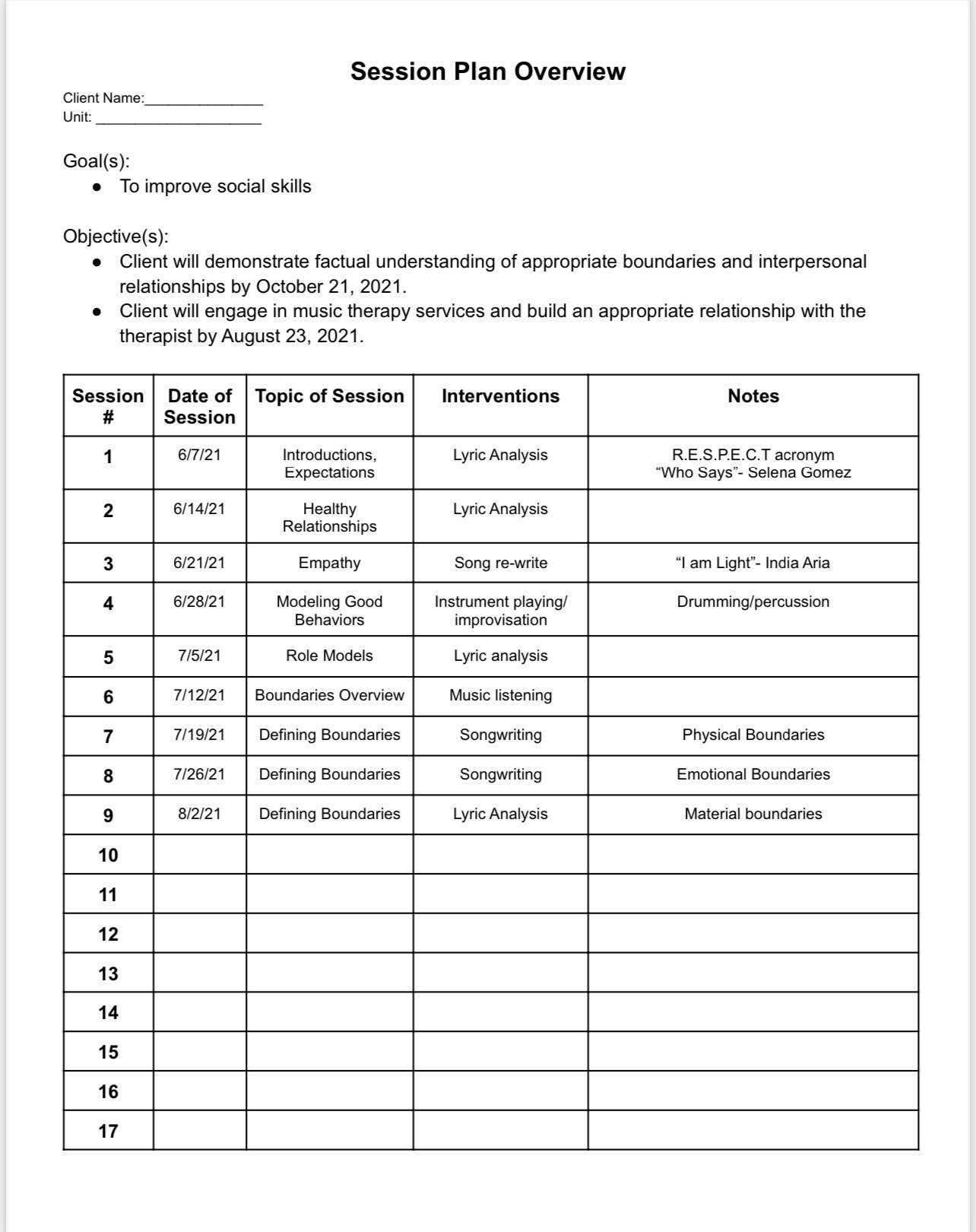 Session Plan, Session Plan Overview, and Post-session Documentation ...