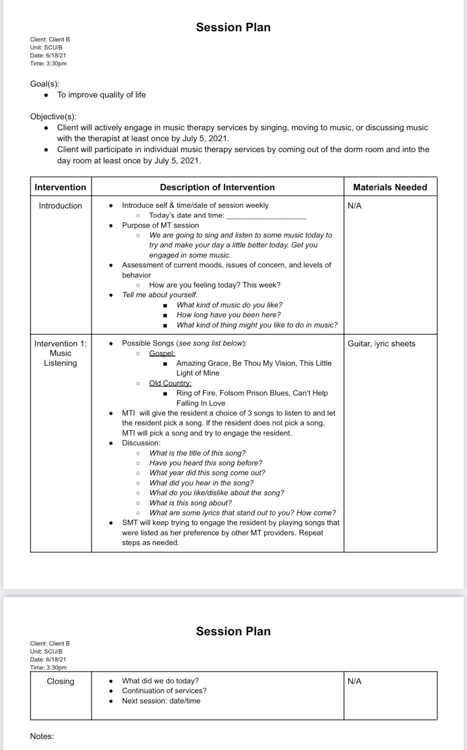 Session Plan, Session Plan Overview, and Post-session Documentation ...