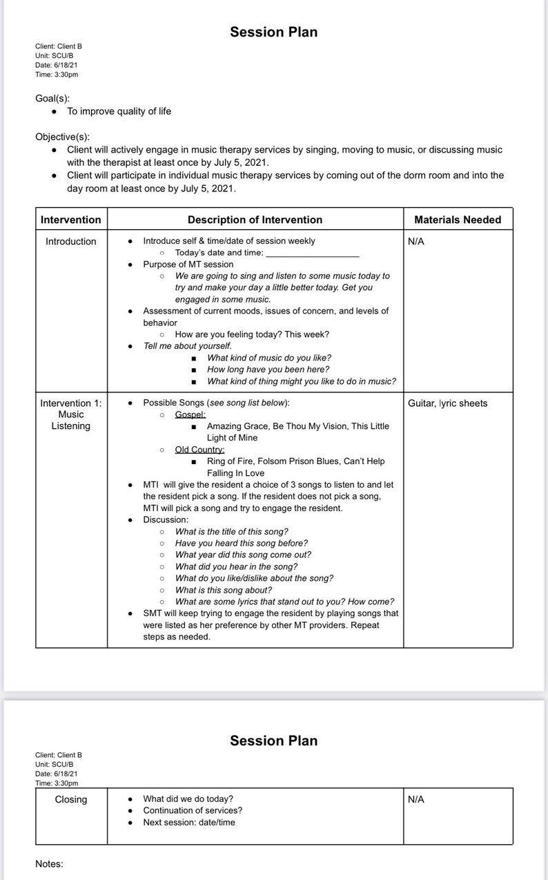 Session Plan, Session Plan Overview, and Post-session Documentation ...