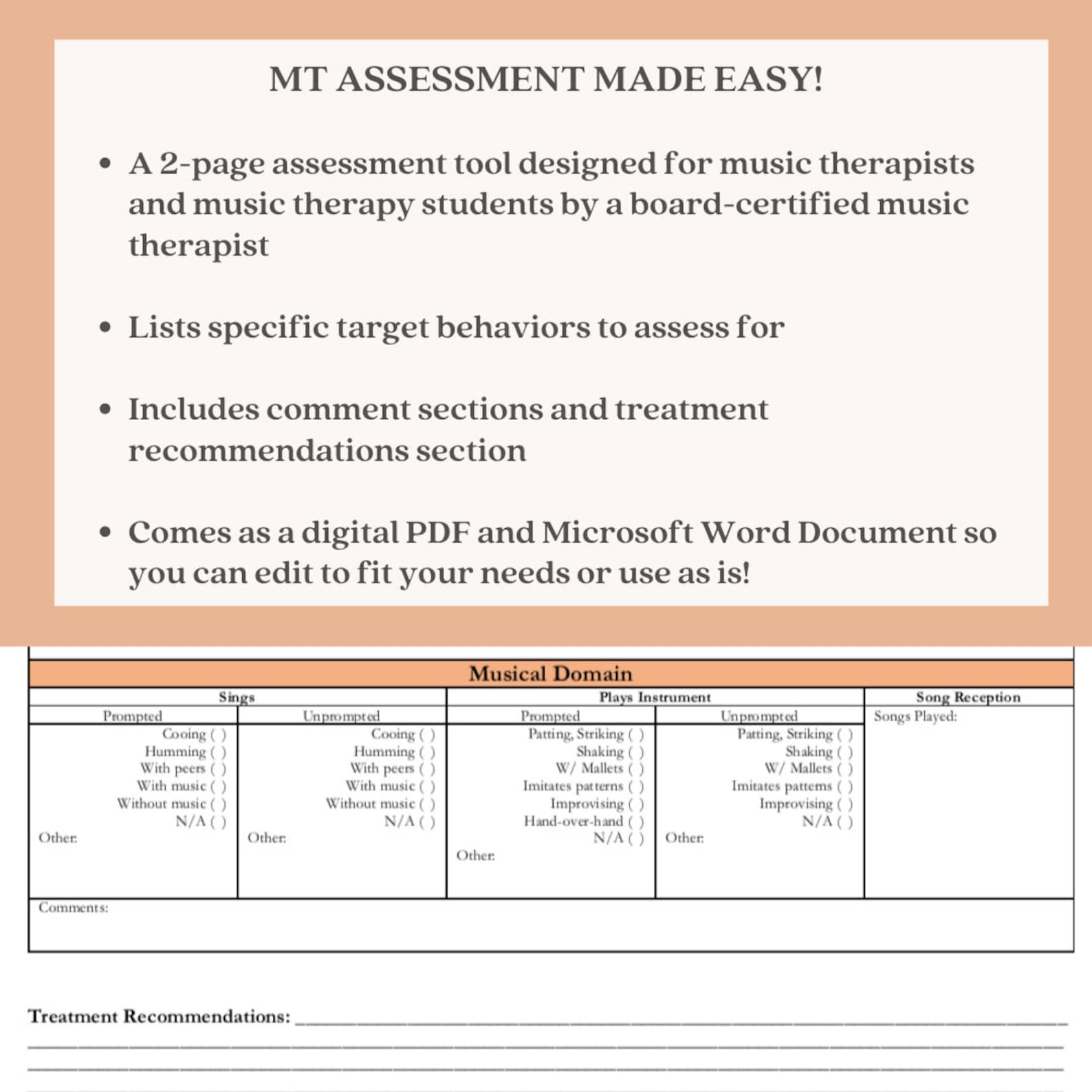 Music Therapy Assessment Tool Template for Children - Etsy