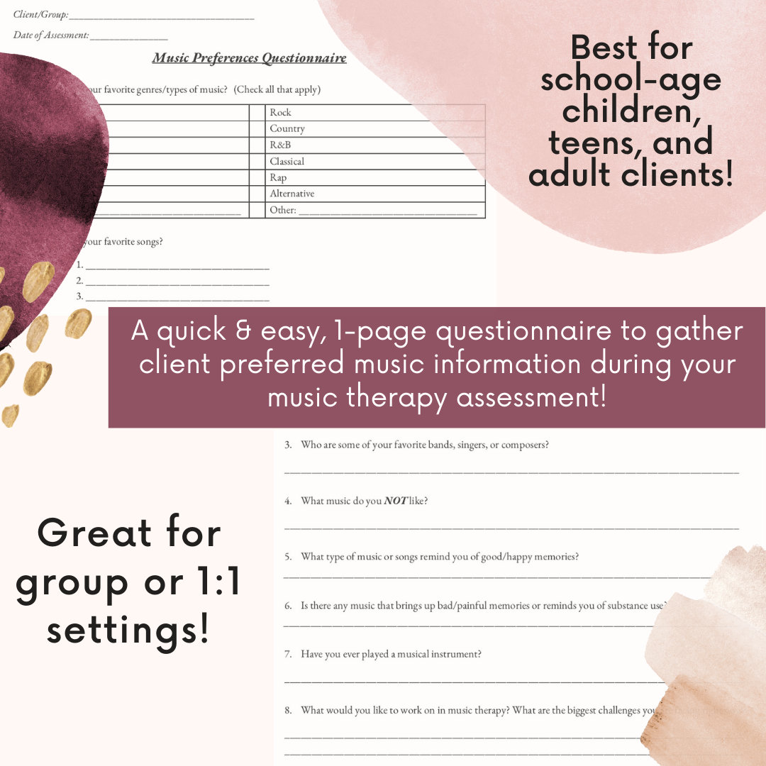 Music Preferences Questionnaire Template for Music Therapists - Etsy