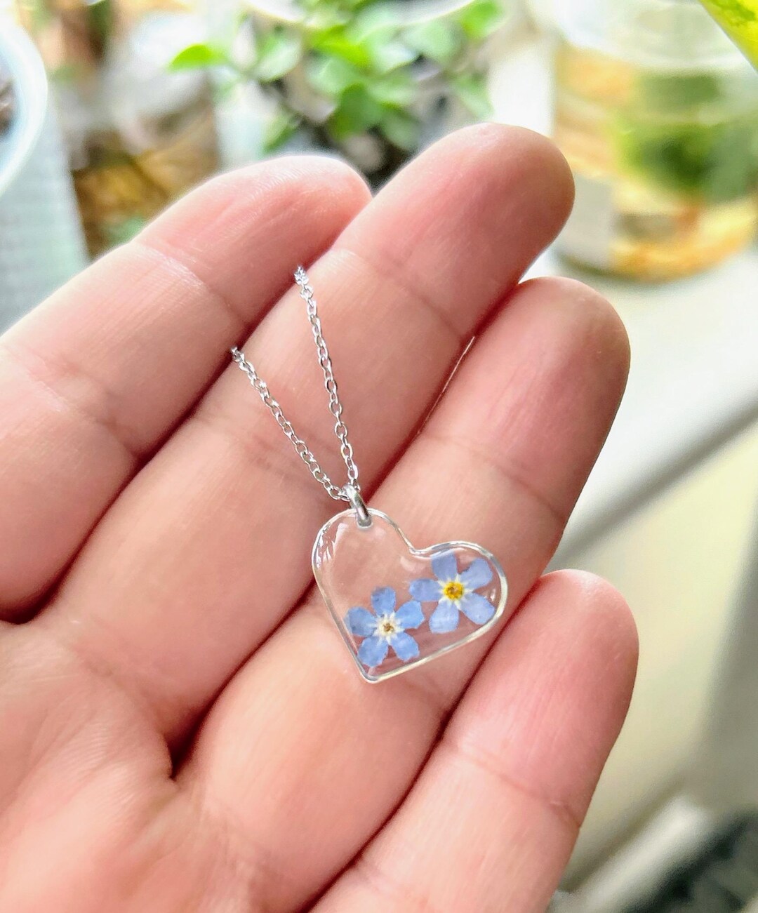 Handmade Real Double Forget Me Not Flower Heart Shaped Necklace ...