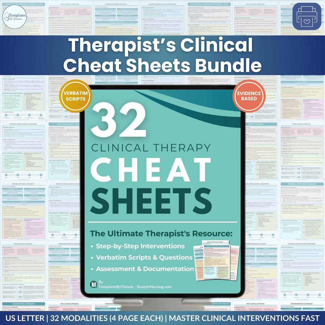 32 Clinical Therapy Cheat Sheets Bundle: Psychotherapy Interventions ...