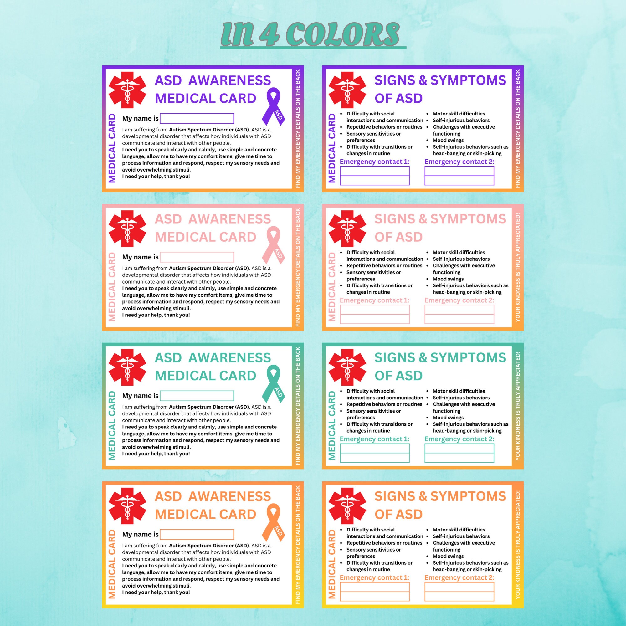 Autism Awareness Emergency Medical ID Card | Health ID Card | Autism ...