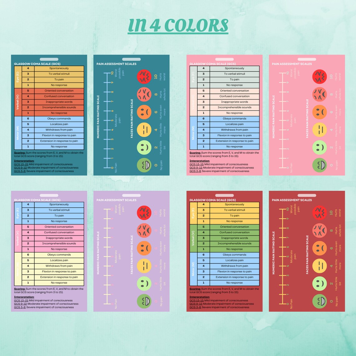 Glasgow Coma Scale GCS & Pain Assessment Scale Reference - Etsy Canada
