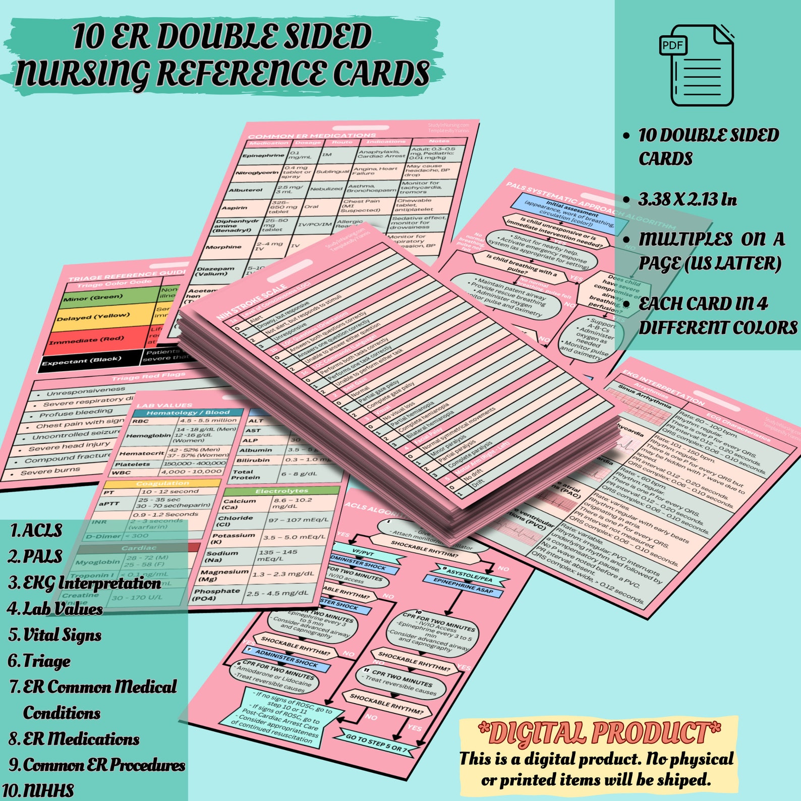 10 ER Nursing Badge Cards Pack | Emergency Nurse Reference Cards | Ekg ...