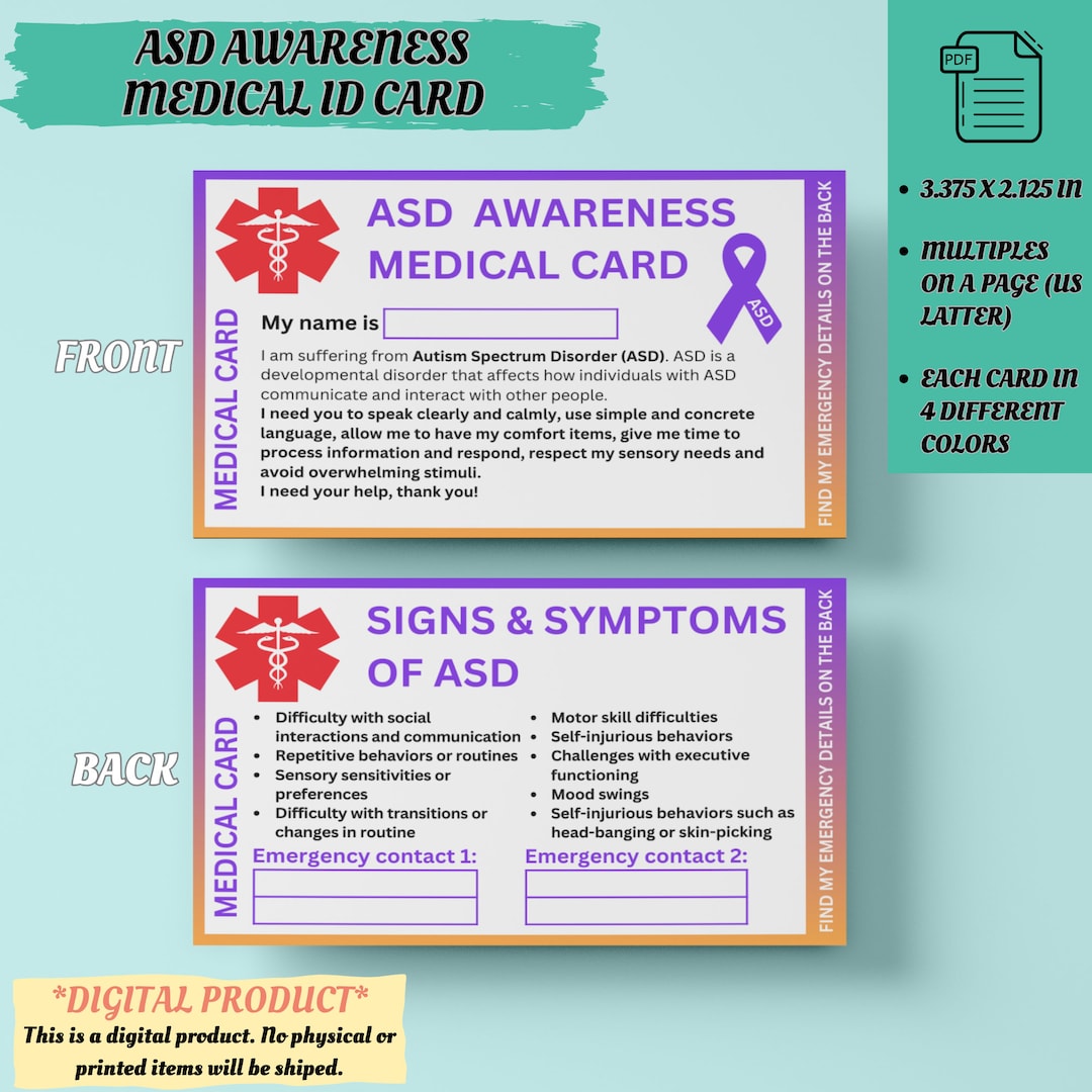 Autism Awareness Emergency Medical ID Card | Health ID Card | Autism ...