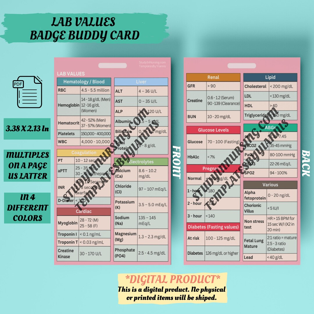 Lab Values for Nursing Reference Card | Medical Reference Badge Buddy ...