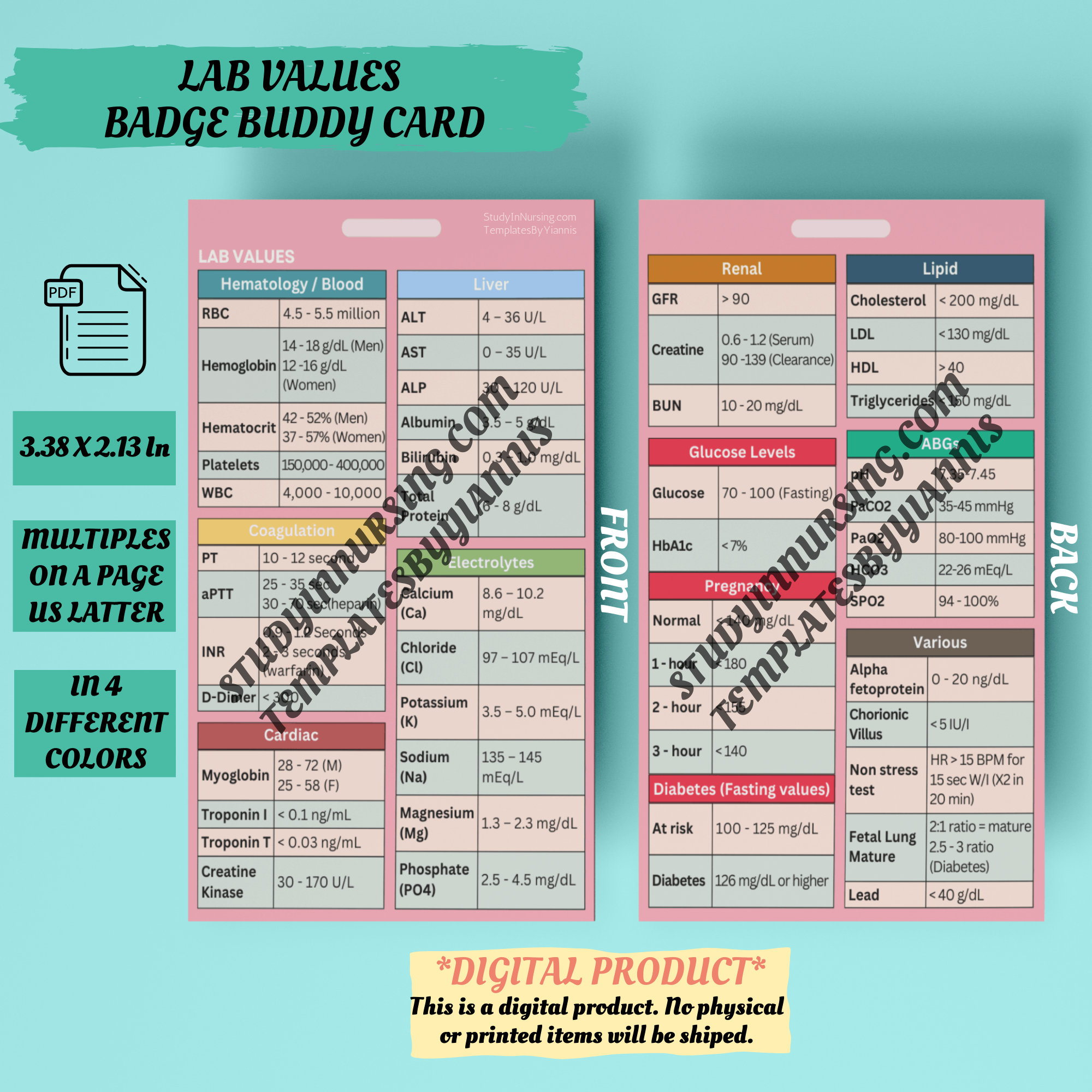 Lab Values for Nursing Reference Card | Medical Reference Badge Buddy ...