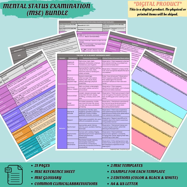 Mental Status Exam Reference Guide: MSE Cheat Sheet and Templates With ...