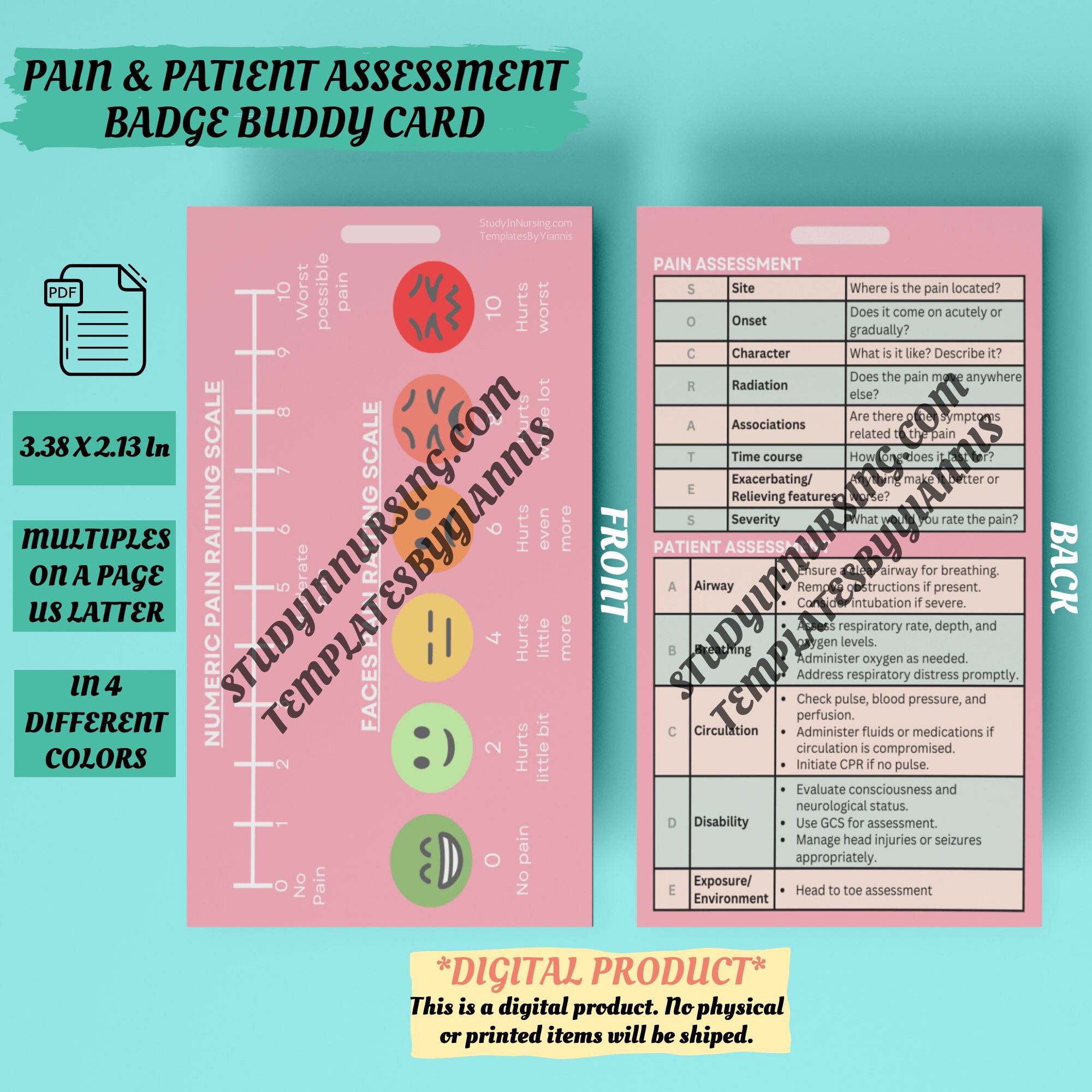 Pain & Patient Assessment Reference Badge Card Nursing Pain Scale Tool ...