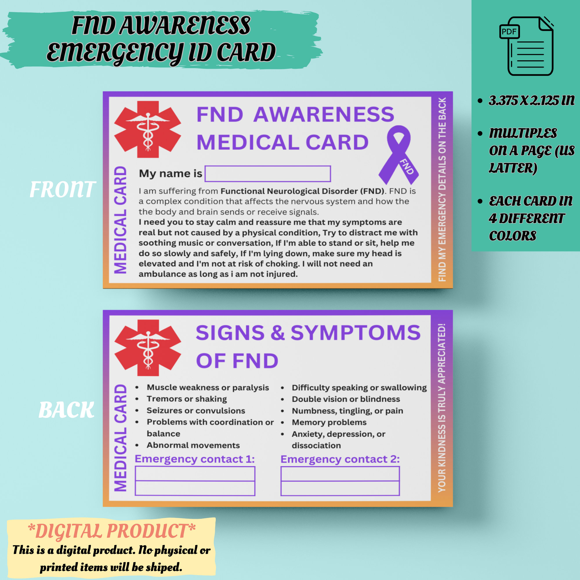 FND Awareness Emergency Medical ID Card Health ID Card Functional ...