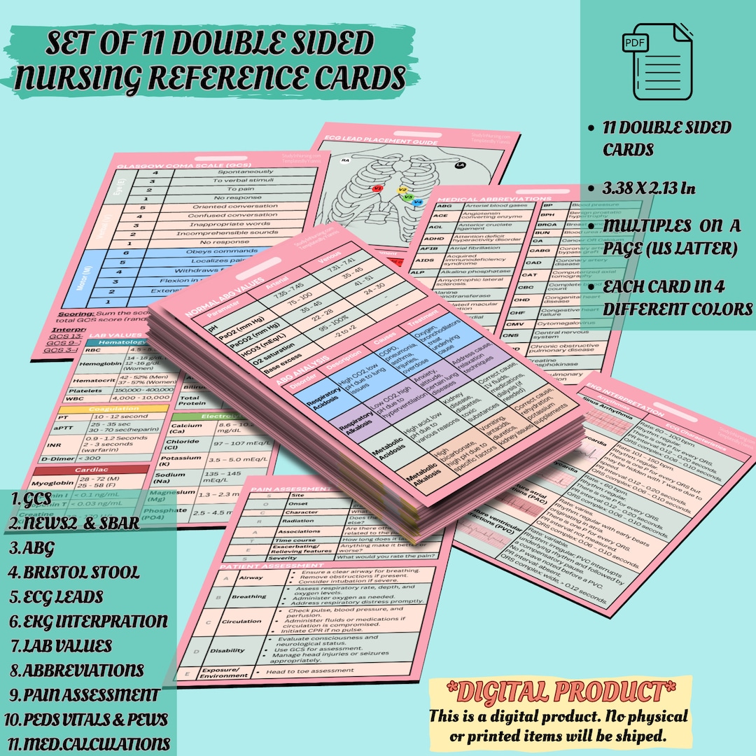 Set of 11 Nursing Badge Cards | Emergency Nurse Reference Cards | Ekg ...