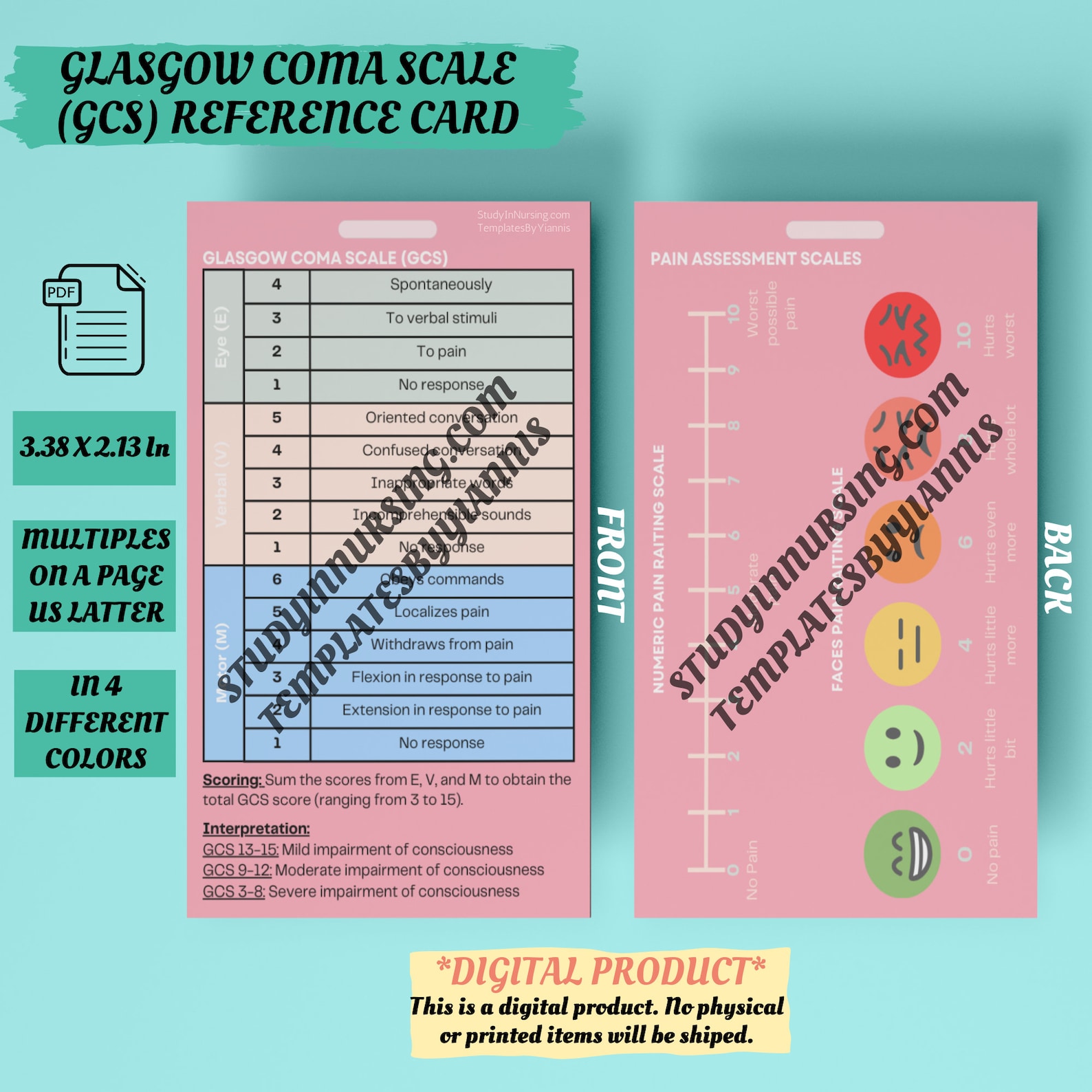 Glasgow Coma Scale (GCS) & Pain Assessment Scale Reference Card ...