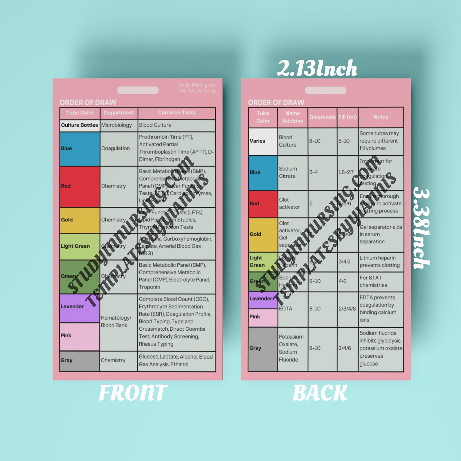 Order of Blood Draw Nursing Reference Card Phlebotomy Badge Buddy Blood ...