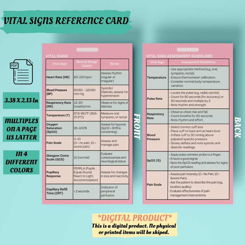 Vital Signs Values & Assessment Guidelines Reference Card - Etsy