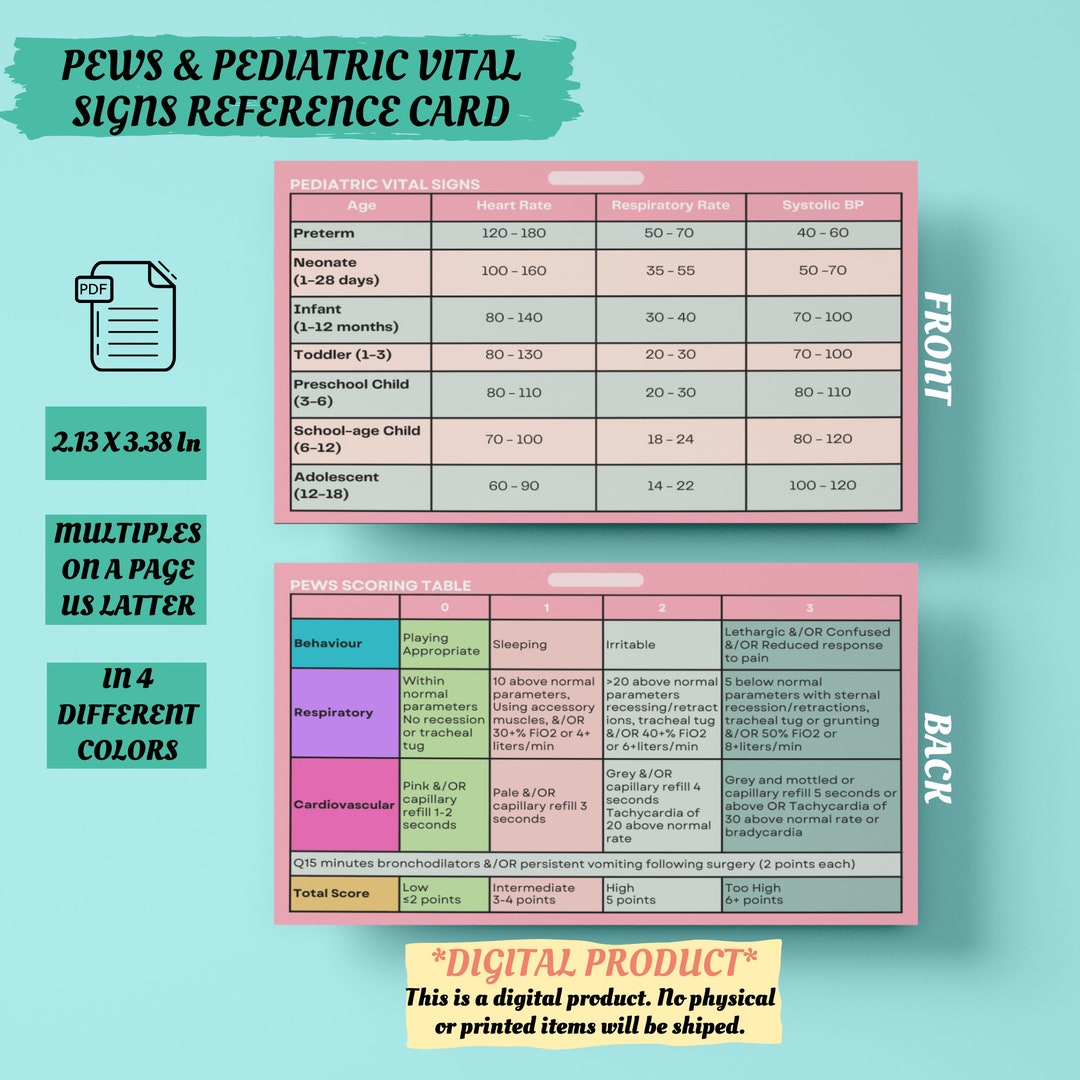 PEWS & Pediatric Vital Signs Reference Card Nursing Student - Etsy UK