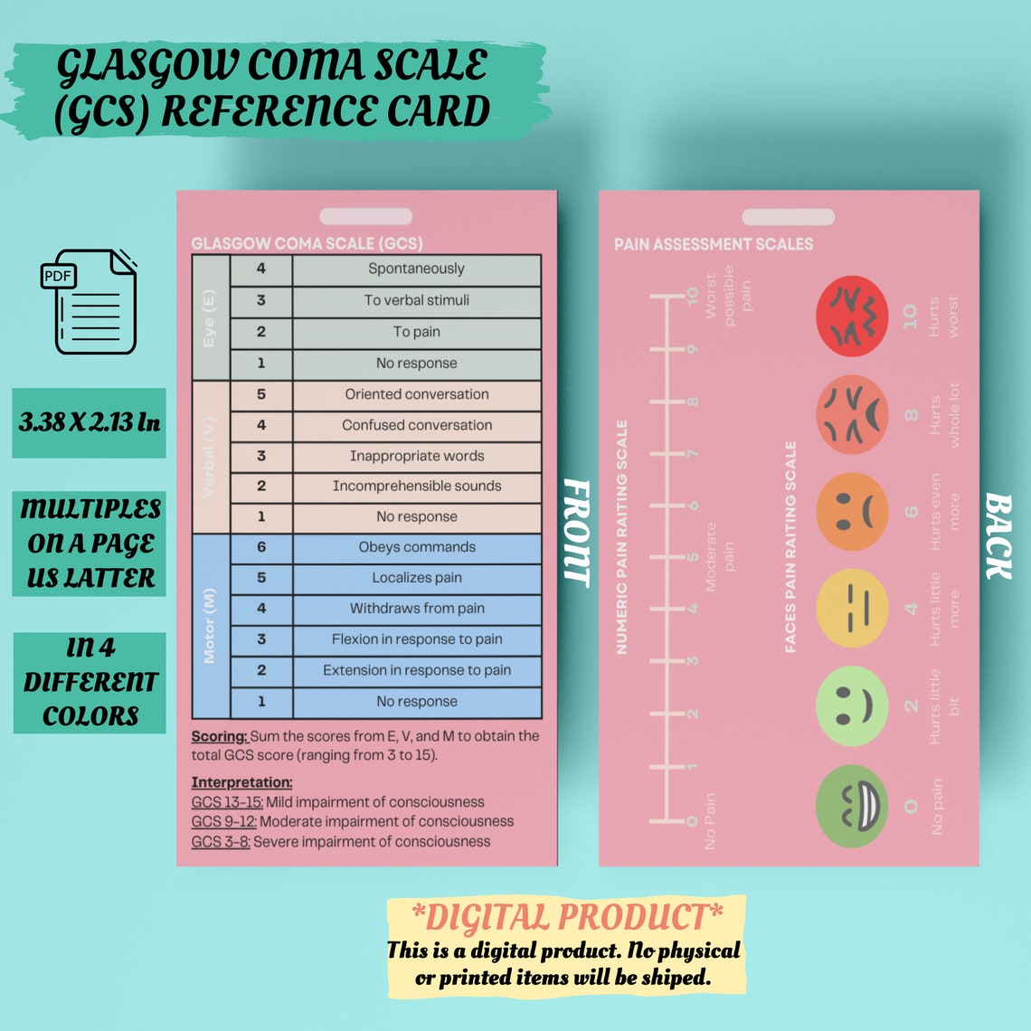 Glasgow Coma Scale GCS & Pain Assessment Scale Reference - Etsy Canada