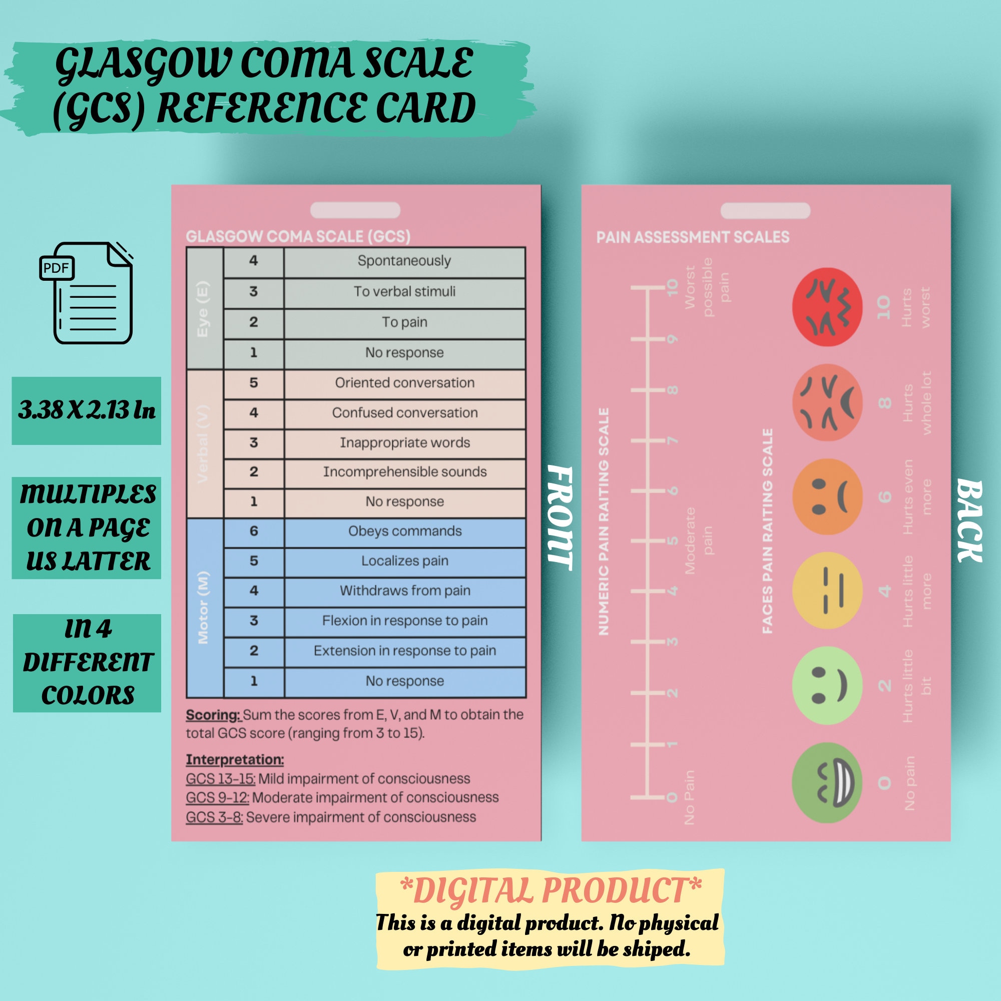Glasgow Coma Scale GCS & Pain Assessment Scale Reference - Etsy Australia
