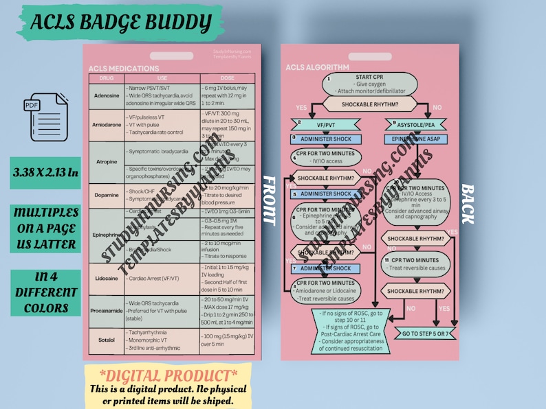 ACLS Quick Reference Badge Buddy: Algorithm & Medications (PDF) - Etsy