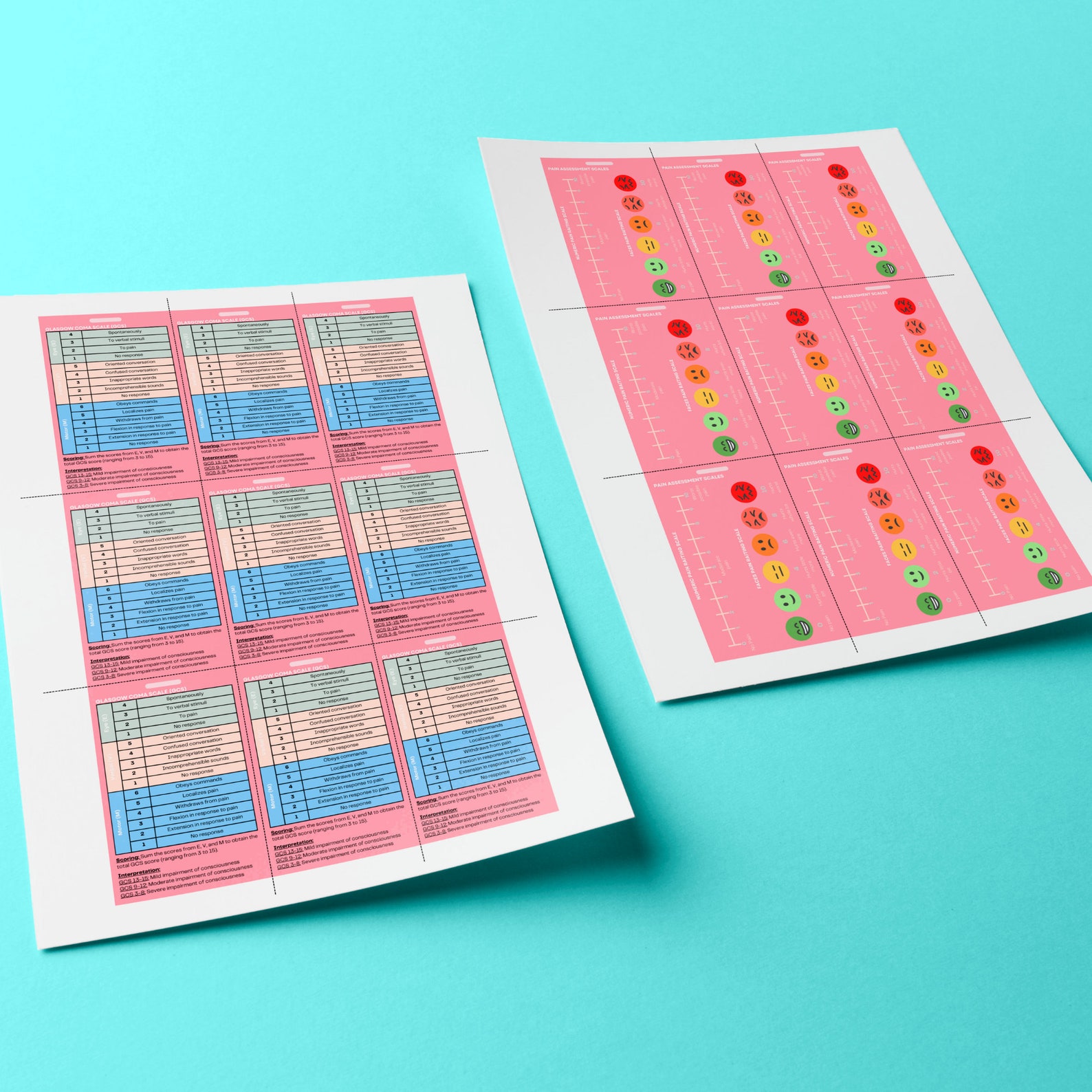 Glasgow Coma Scale (GCS) & Pain Assessment Scale Reference Card ...
