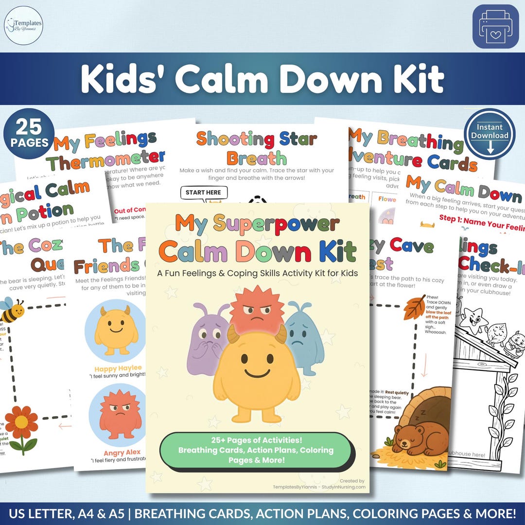 Kids Calm Down Toolkit, Emotional Regulation Workbook, Breathing ...