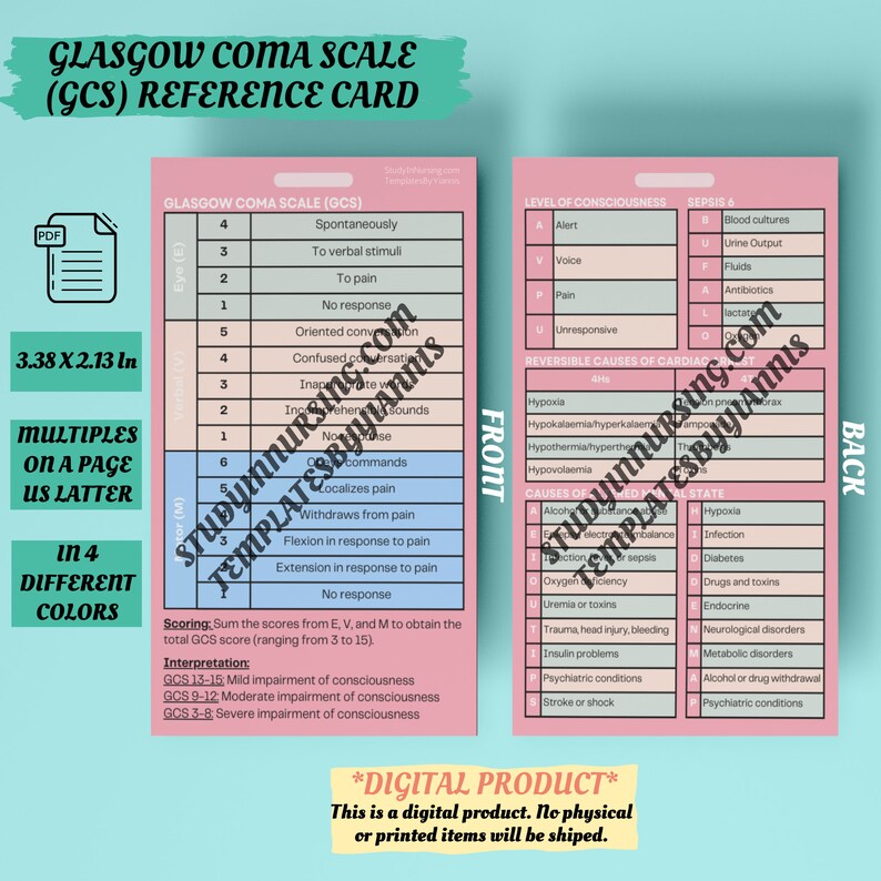 Glasgow Coma Scale (GCS) Reference Card | Altered Mental State | Cardiac Arrest Causes ...