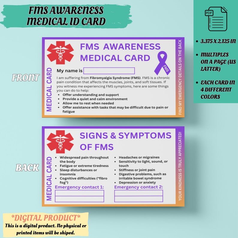 FMS Awareness Emergency Medical ID Card | Health Id Card | Fibromyalgia ...
