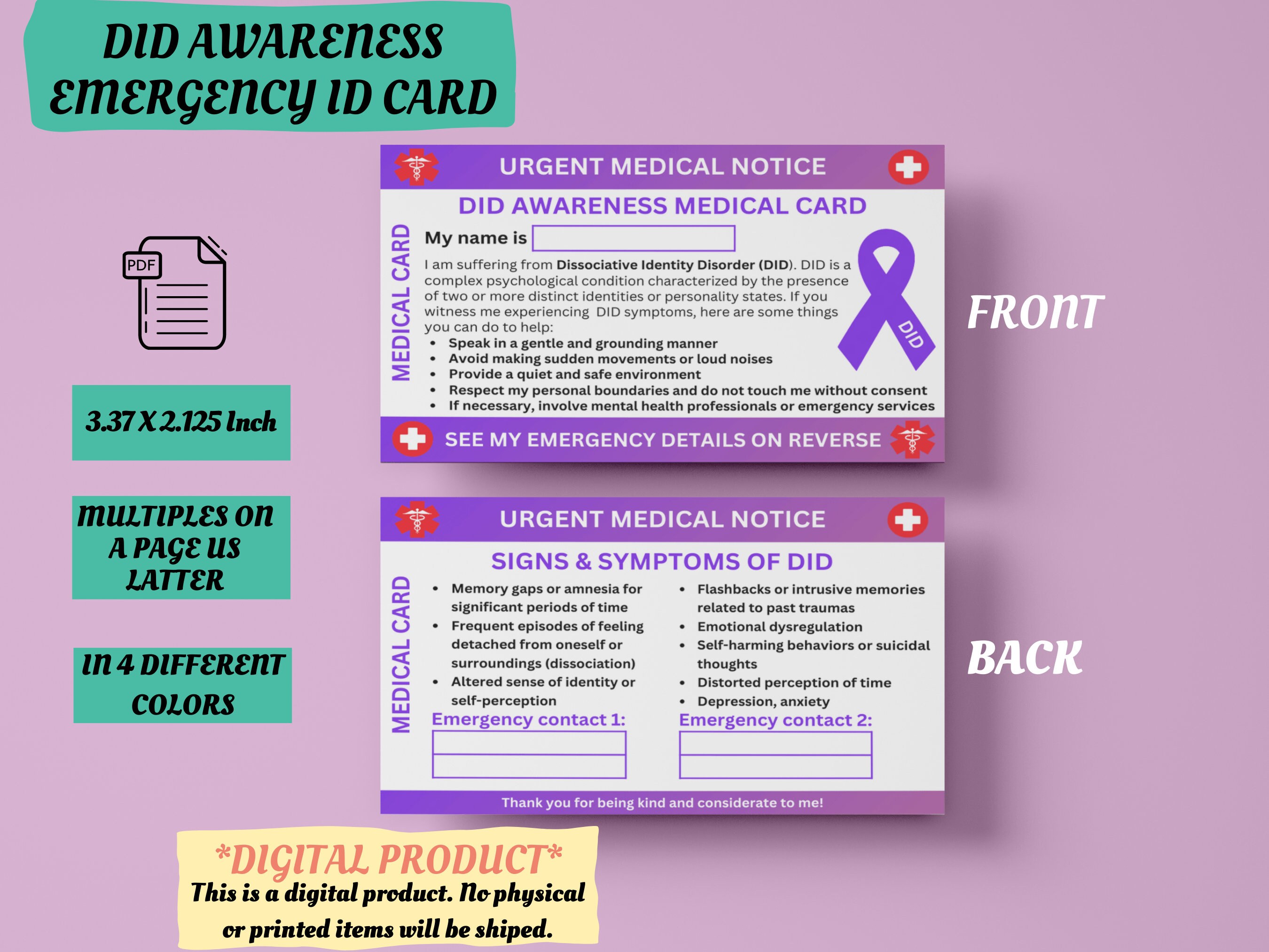 DID Awareness Emergency Medical ID Card Health Id Card - Etsy