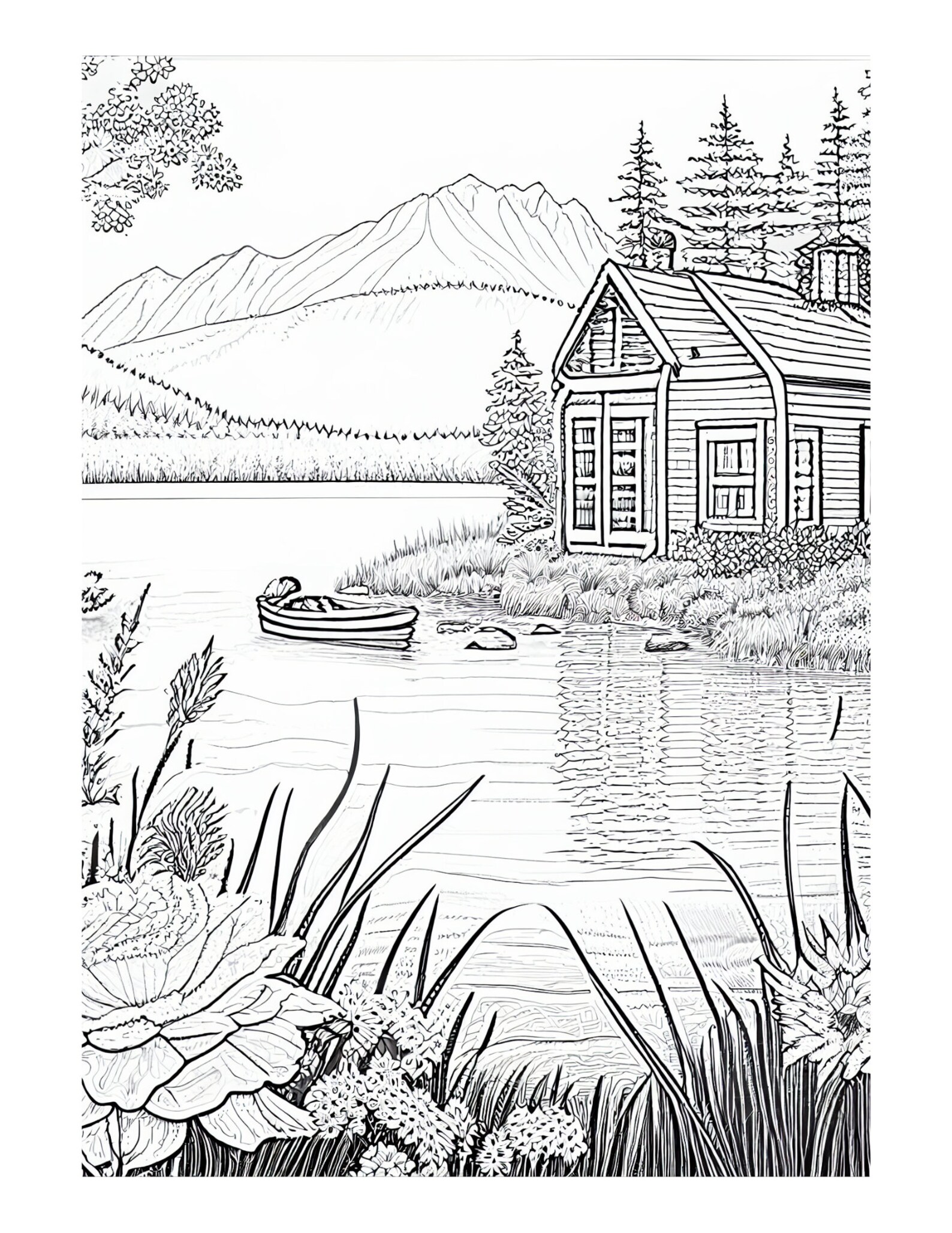 Digital Print- Instant Download Cabin by the Lake Coloring Page for ...